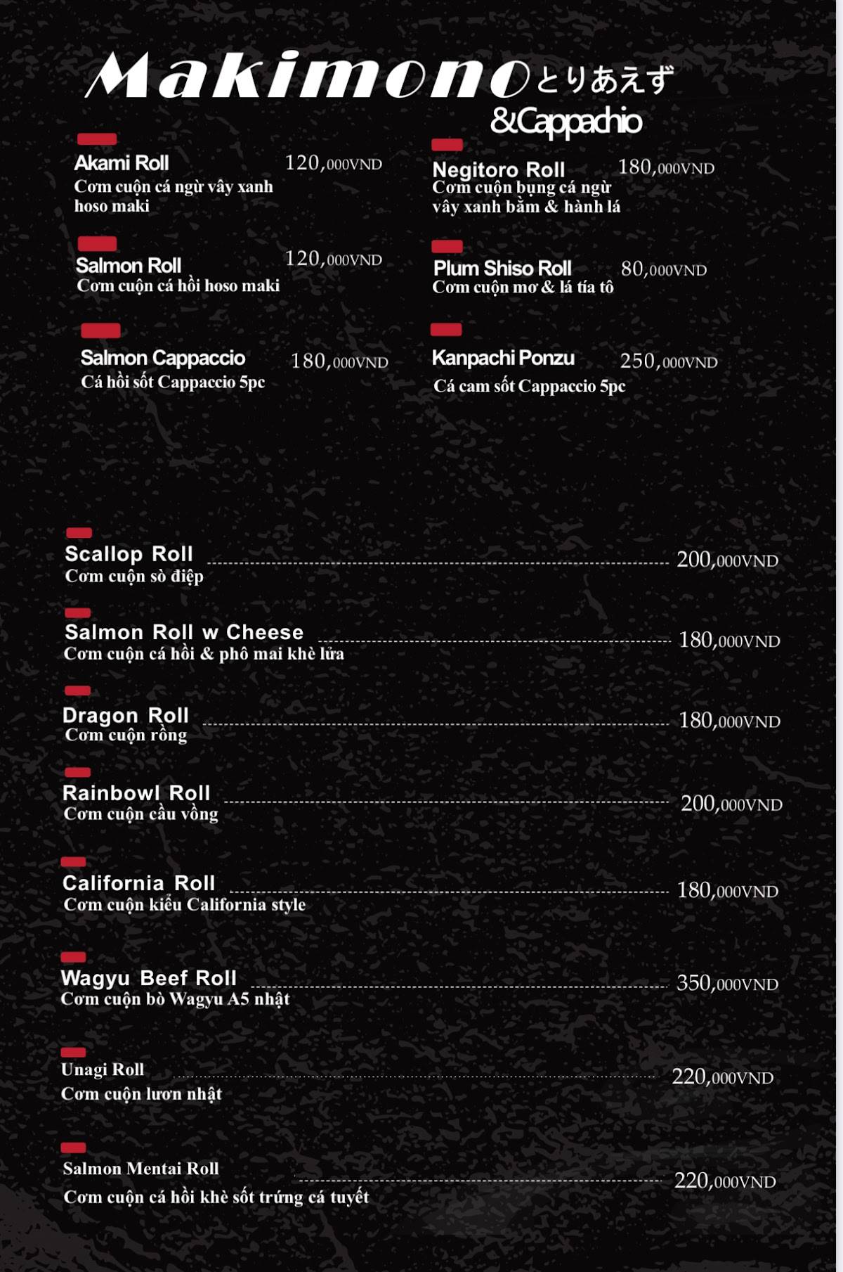 Menu at Sushi Taka Omakase restaurant, Ho Chi Minh City