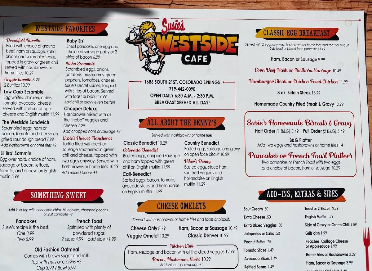 Menu at Susie's Westside Café cafe, Colorado Springs
