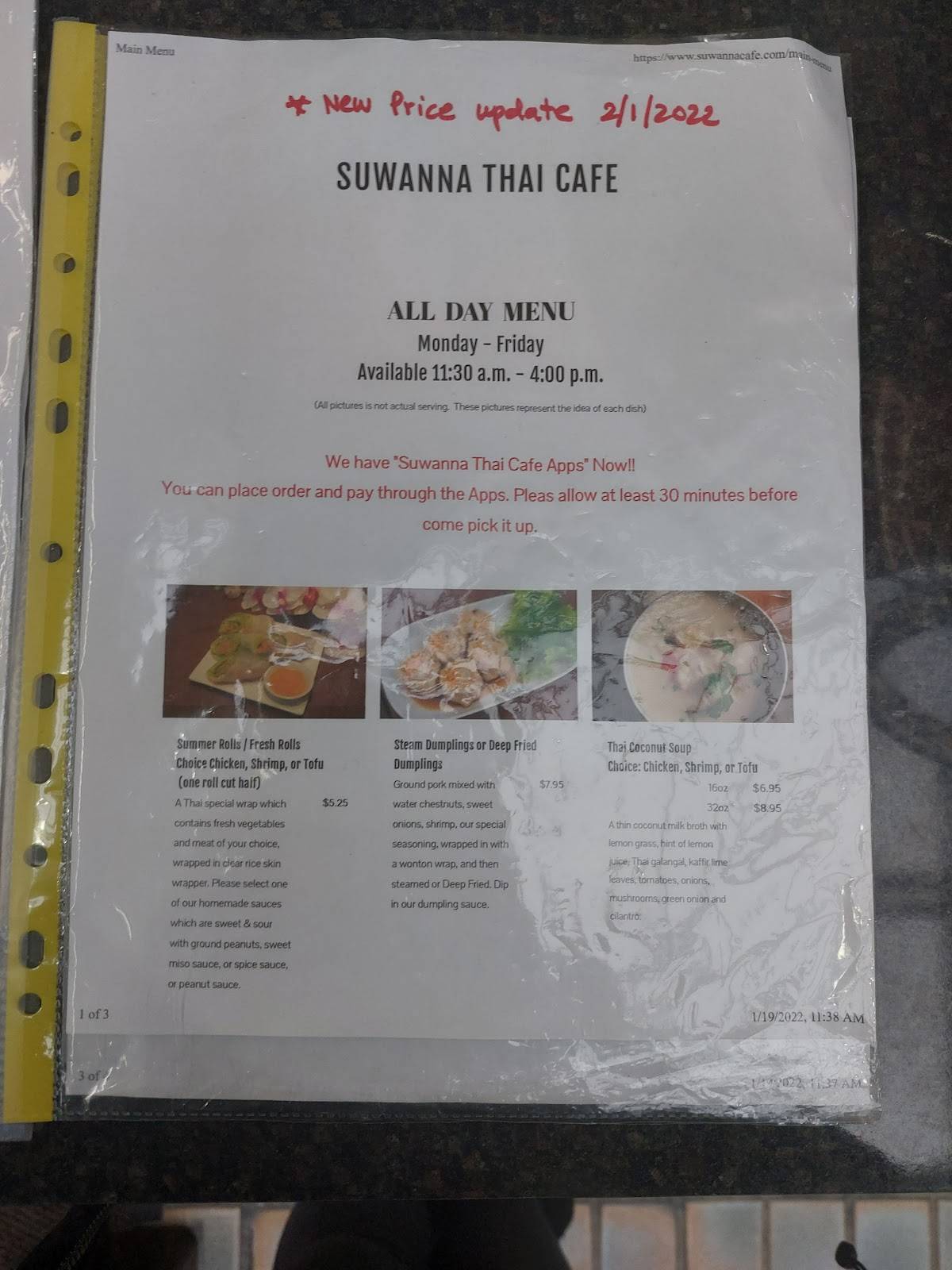 Menu at Suwanna Thai Kitchen restaurant, Juneau