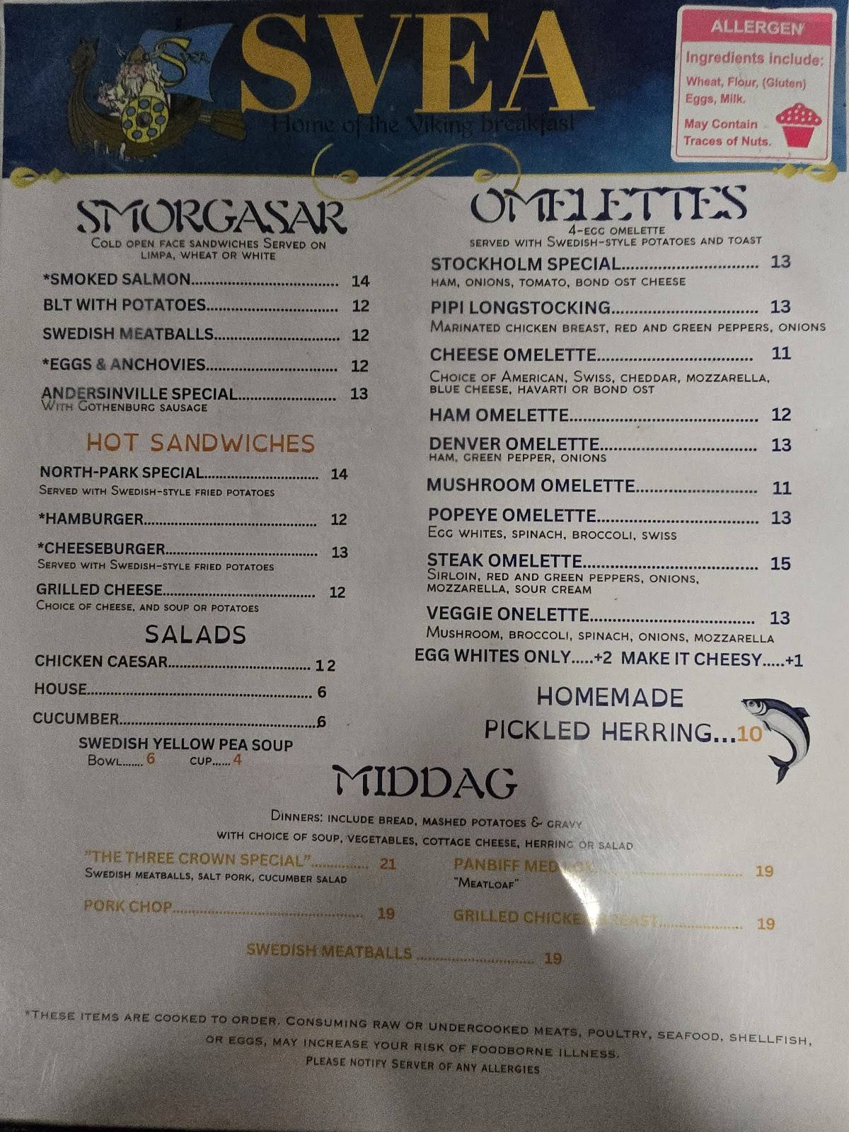 Menu at Svea Restaurant, Chicago