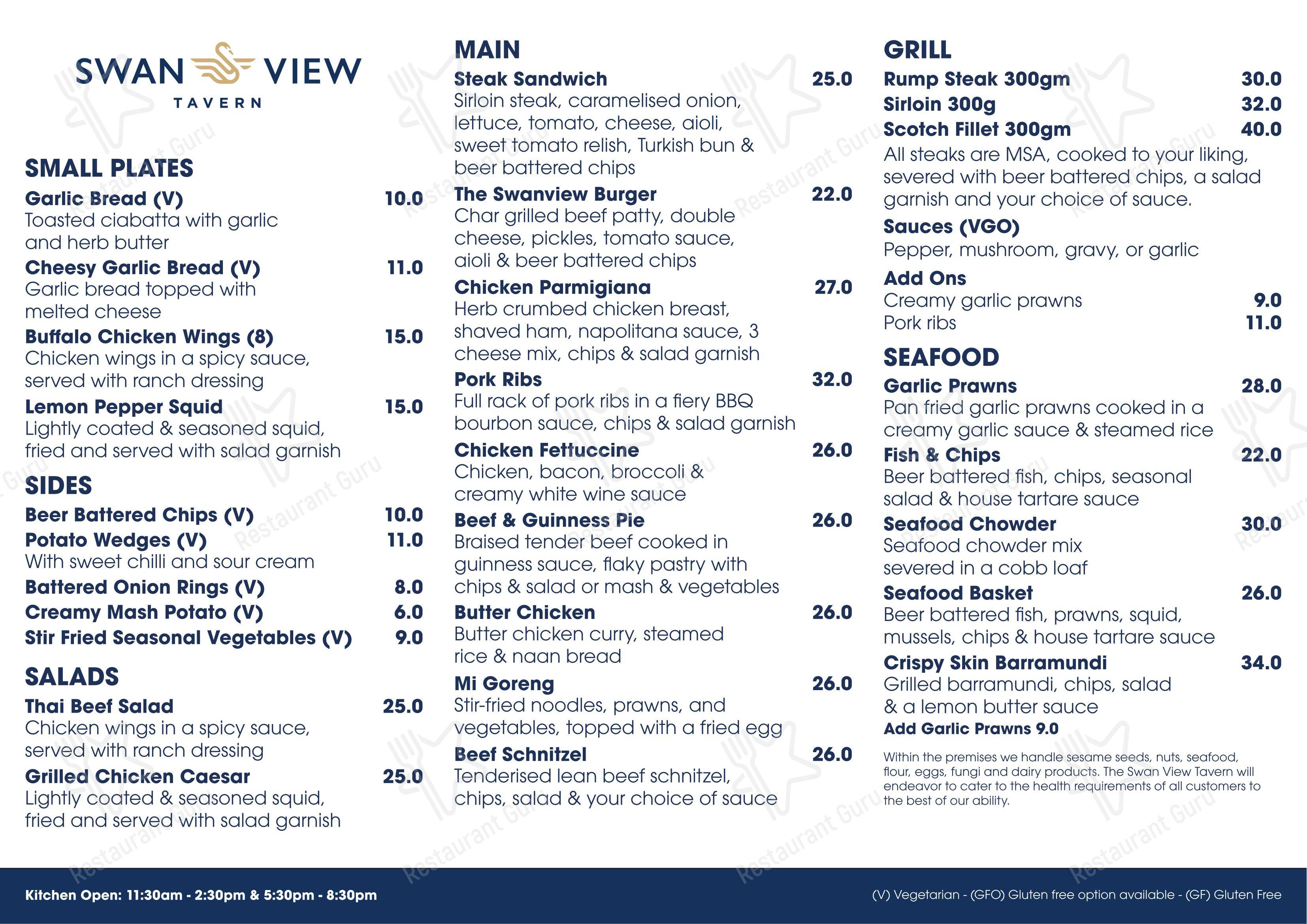 Menu at Swan View Tavern pub & bar, Swan View