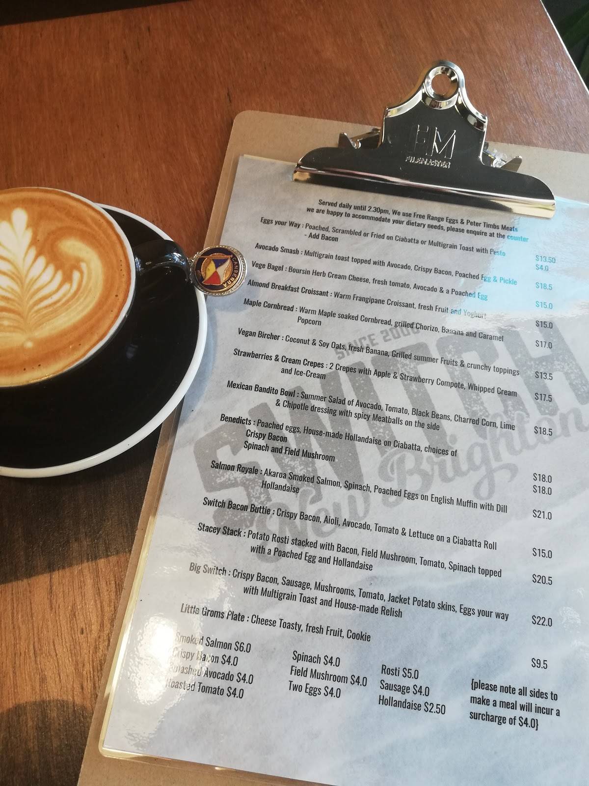 Menu at Switch New Brighton cafe, Christchurch