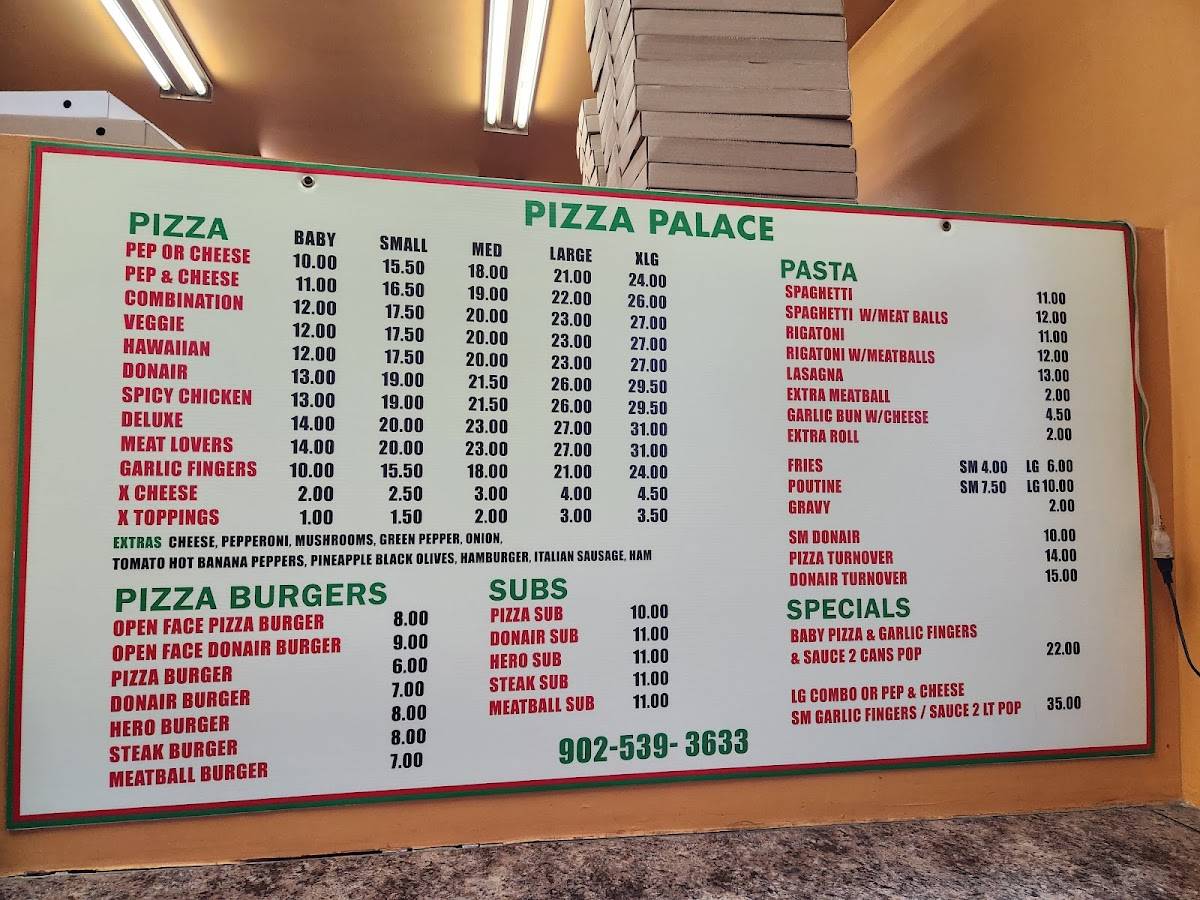Menu at Pizza Palace pizzeria, Sydney