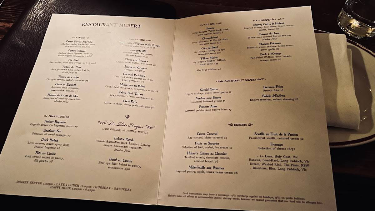 Menu at Restaurant Hubert, Sydney