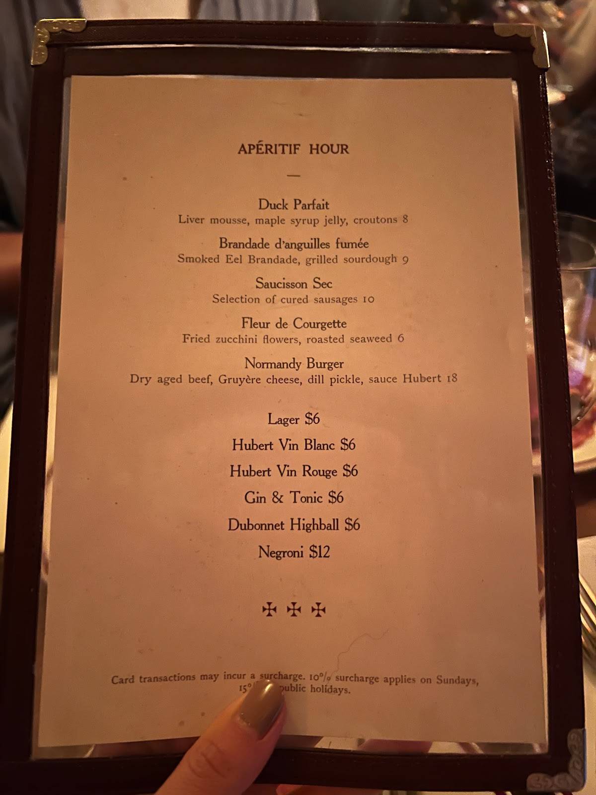 Menu at Restaurant Hubert, Sydney