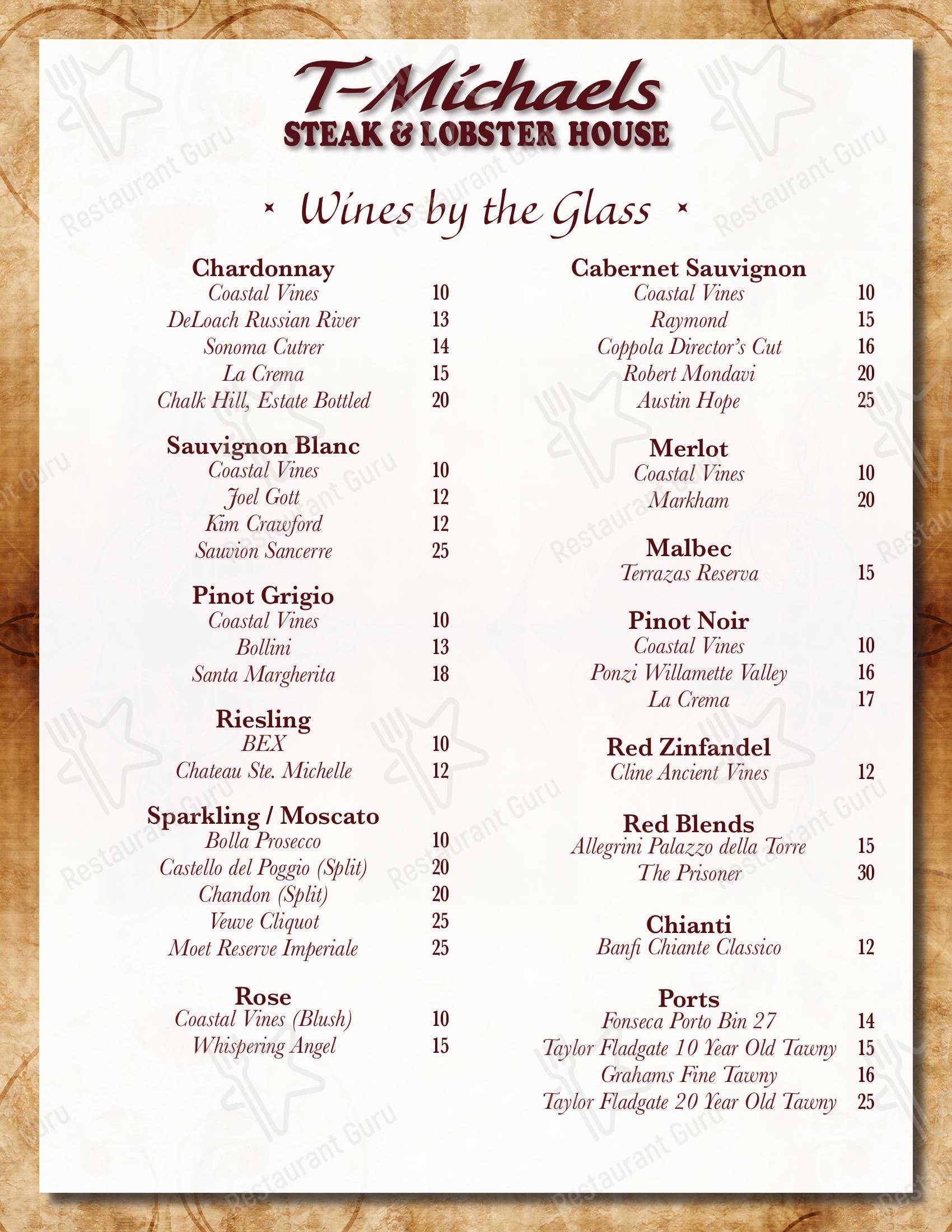 Menu at T-Michaels Steak & Lobster pub & bar, Naples