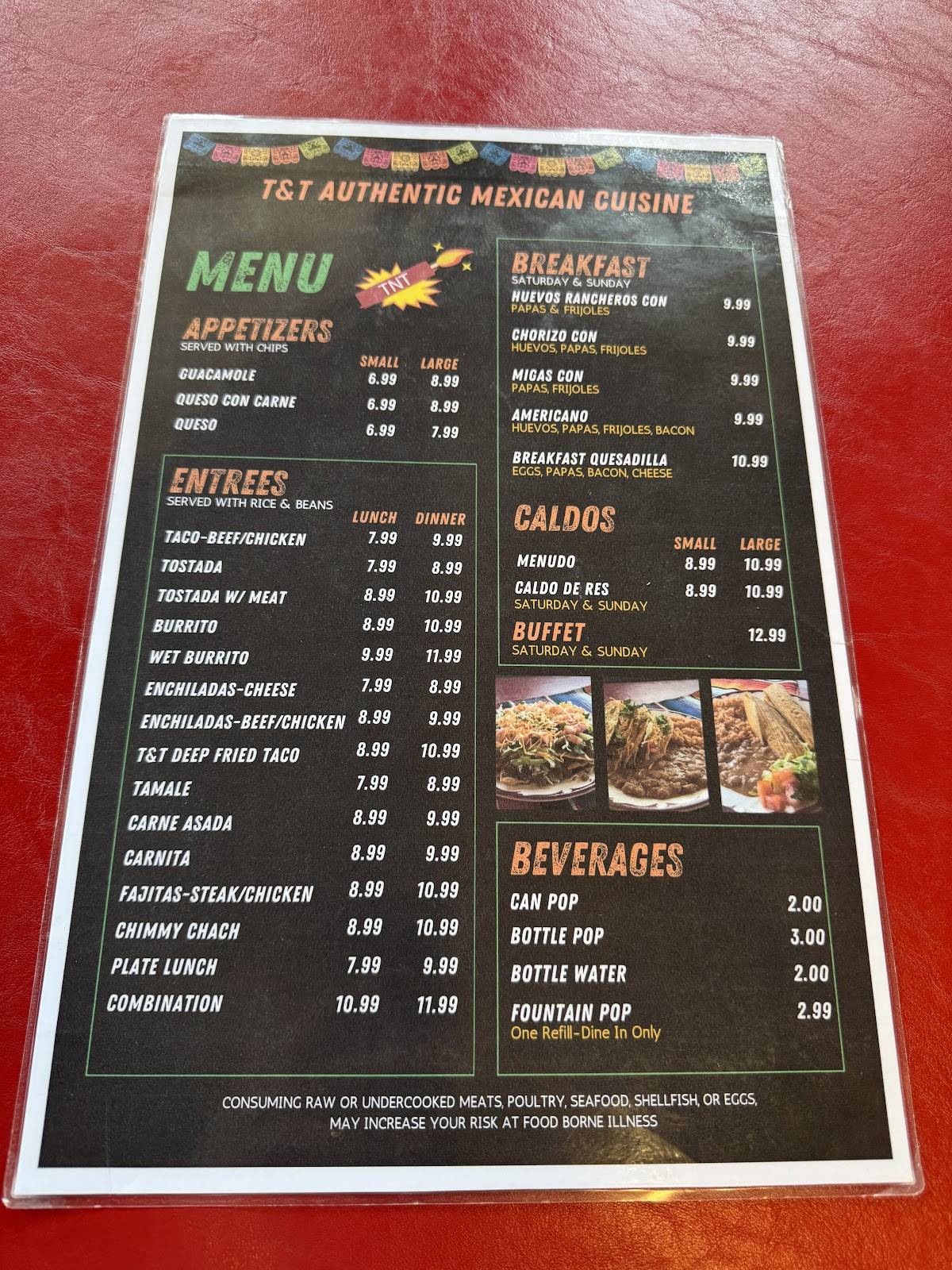 Menu at T&T Authentic Mexican Cuisine restaurant, Saginaw