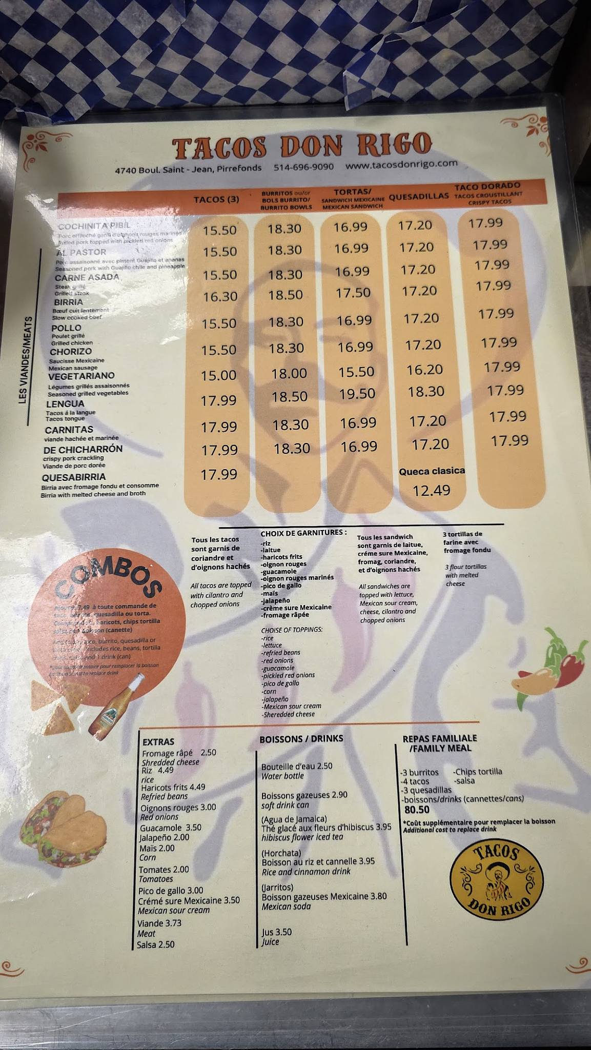Menu at TACOS DON RIGO restaurant, Montréal, Boul. Saint-Jean