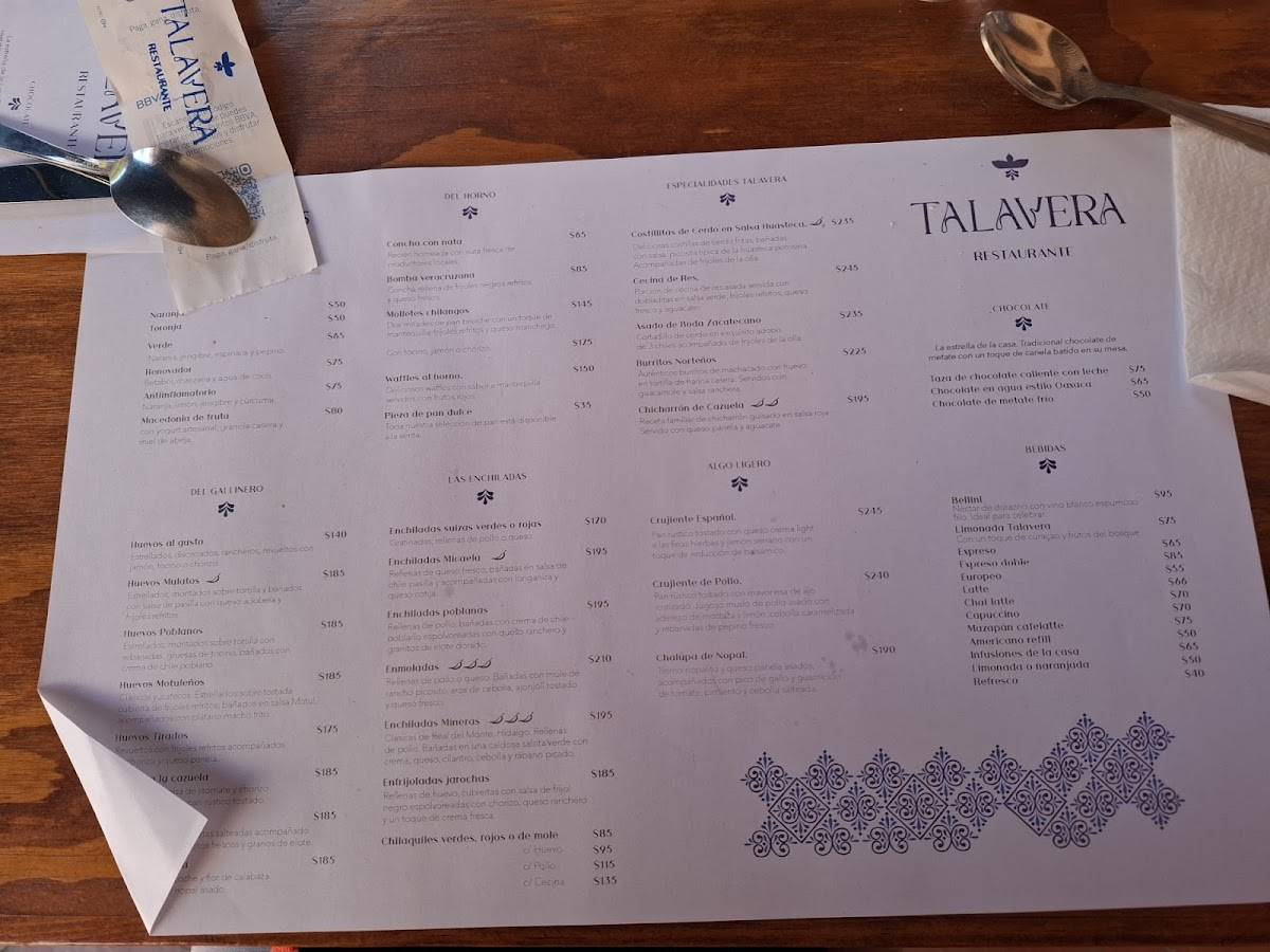 Carta de TALAVERA RESTAURANTE, Santiago de Querétaro