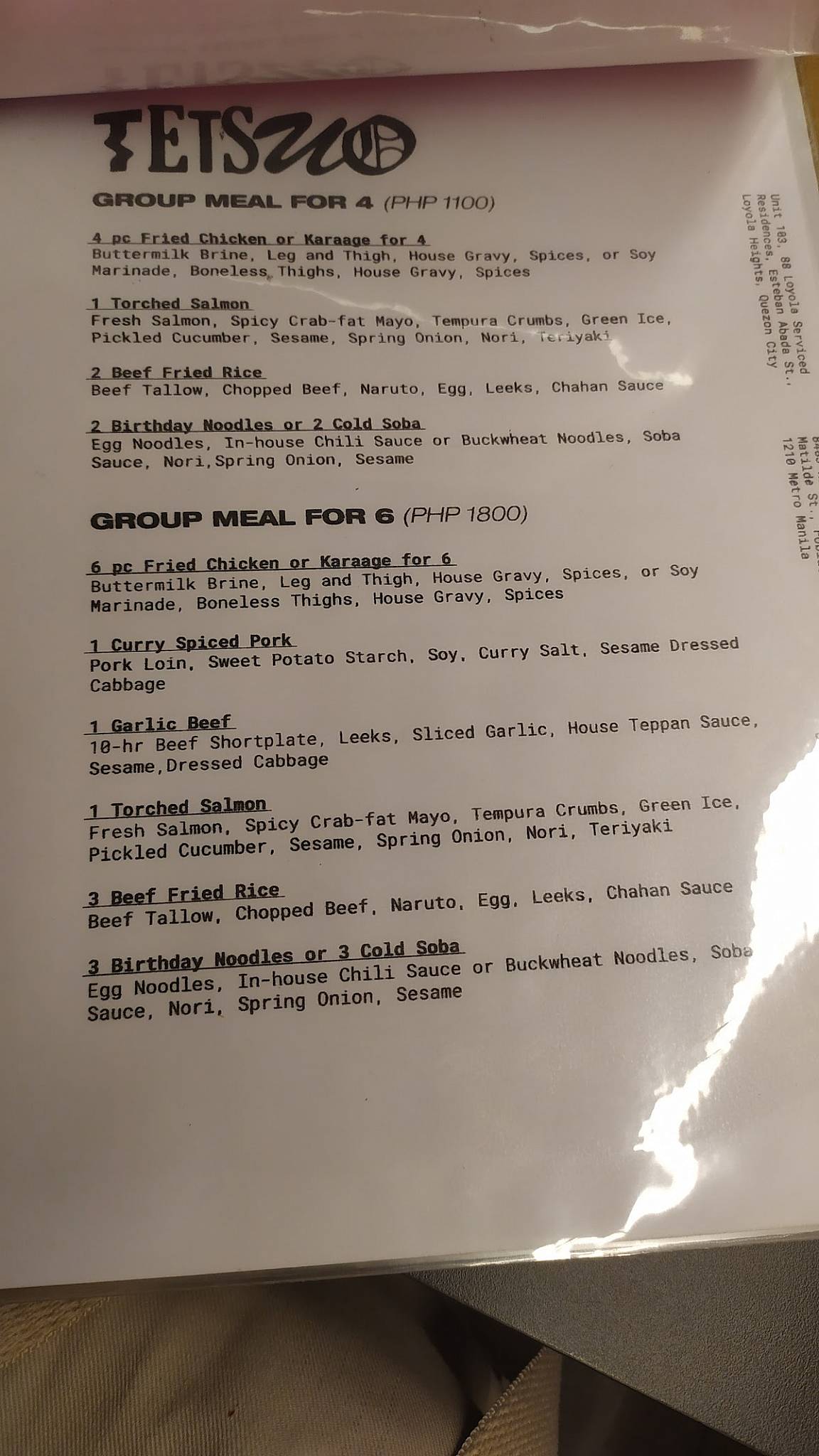 Menu at TETSUO restaurant, Makati