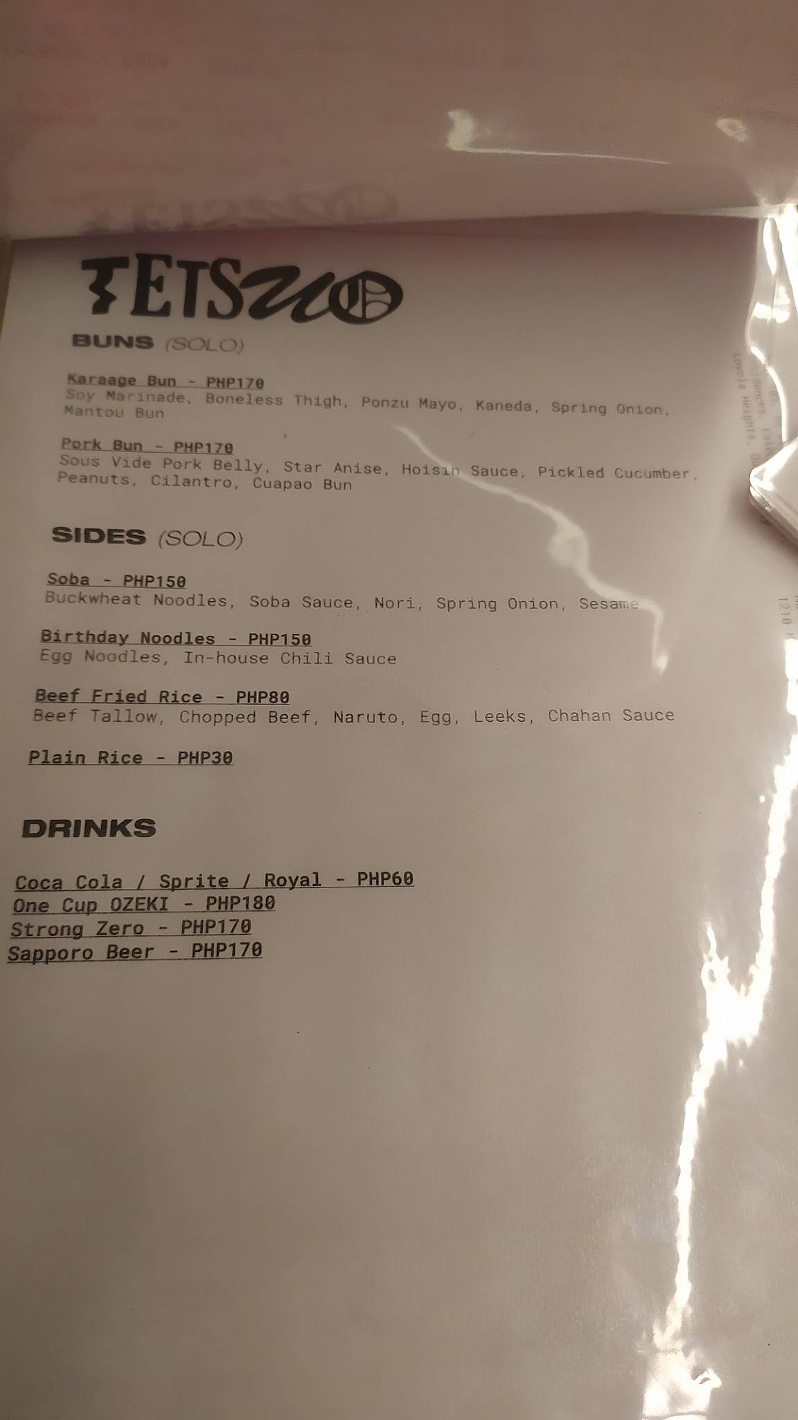 Menu at TETSUO restaurant, Makati