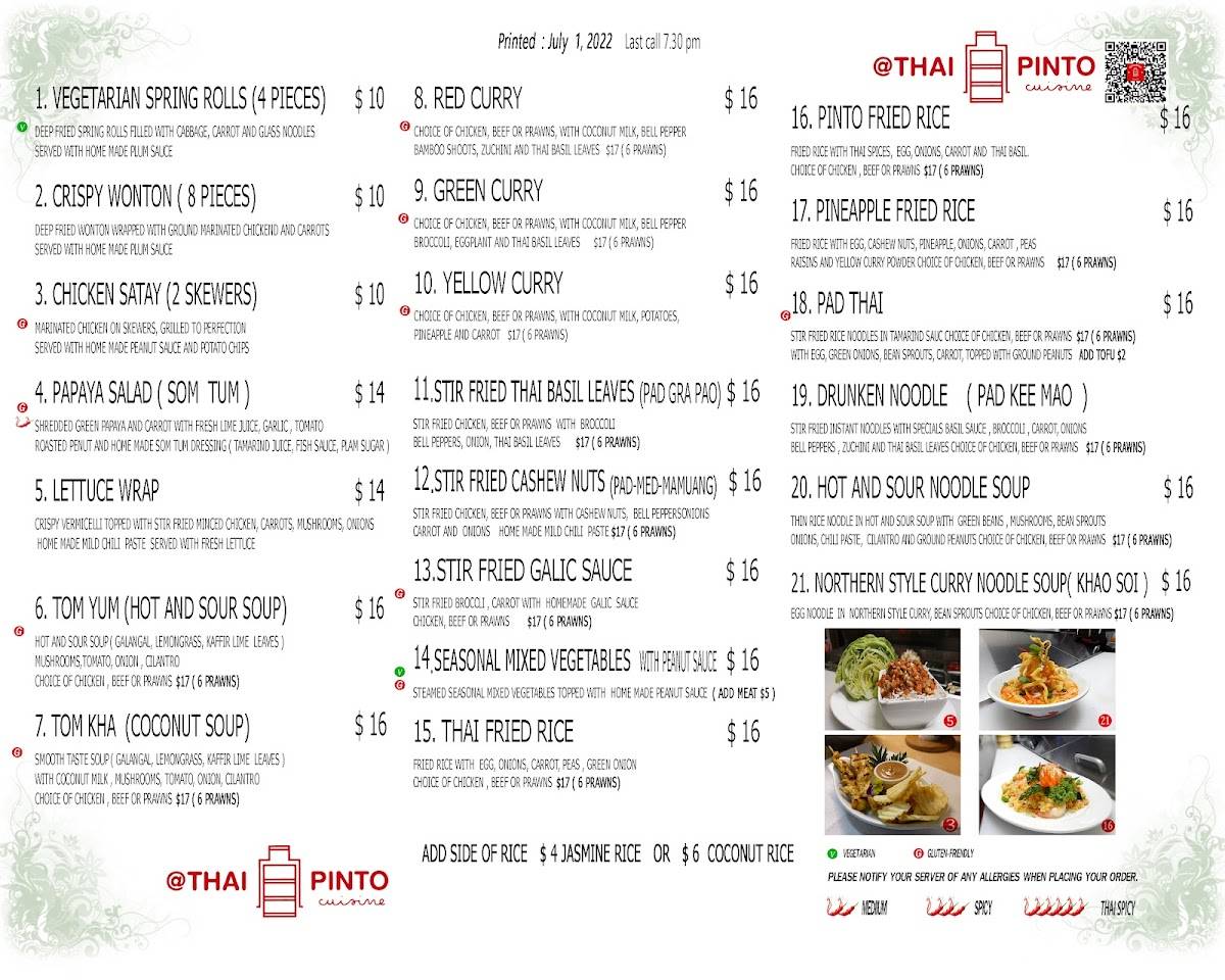 Menu at @THAI PINTO CUISINE restaurant, Chemainus