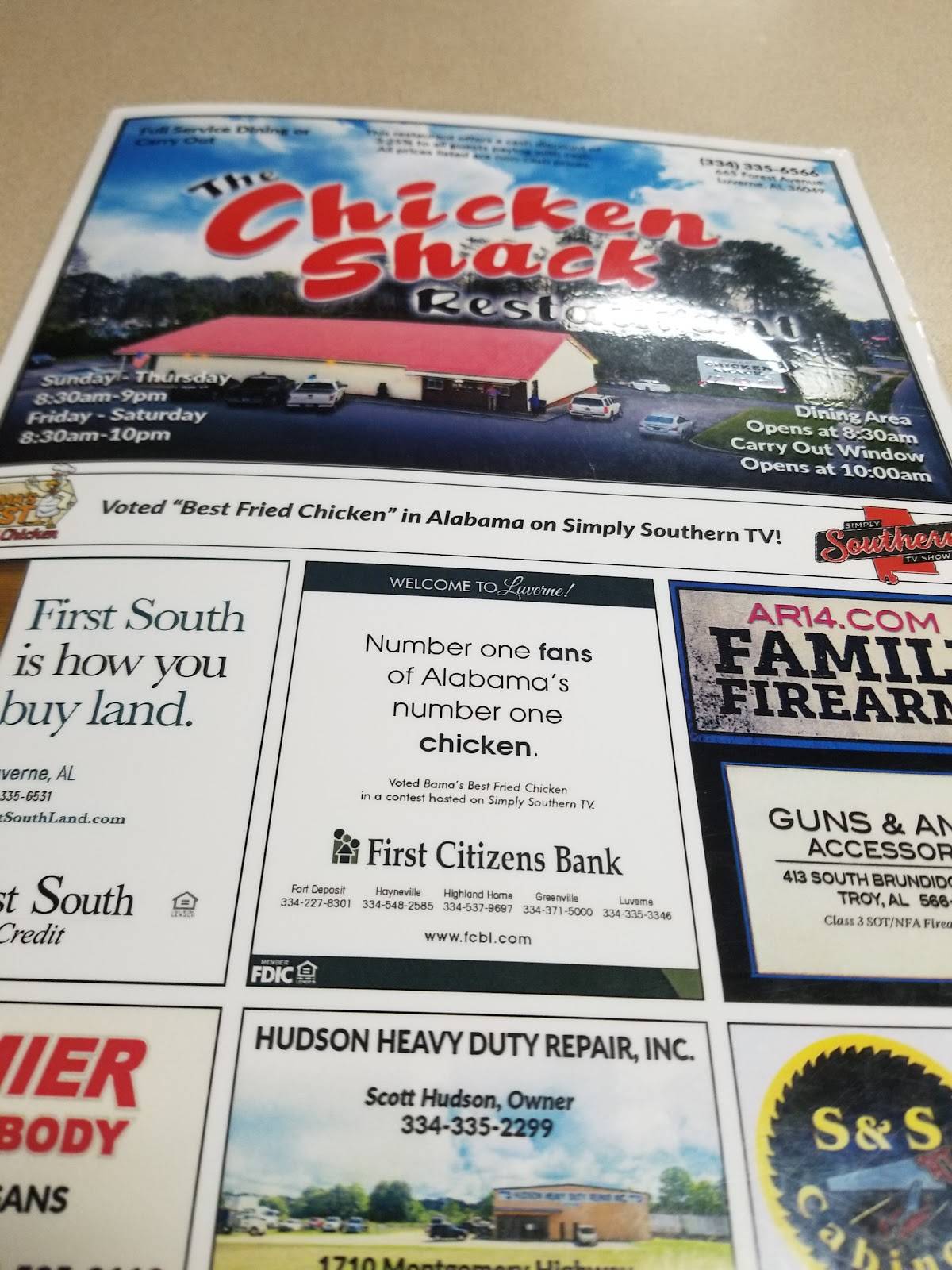 Menu at THE CHICKEN SHACK restaurant, Luverne