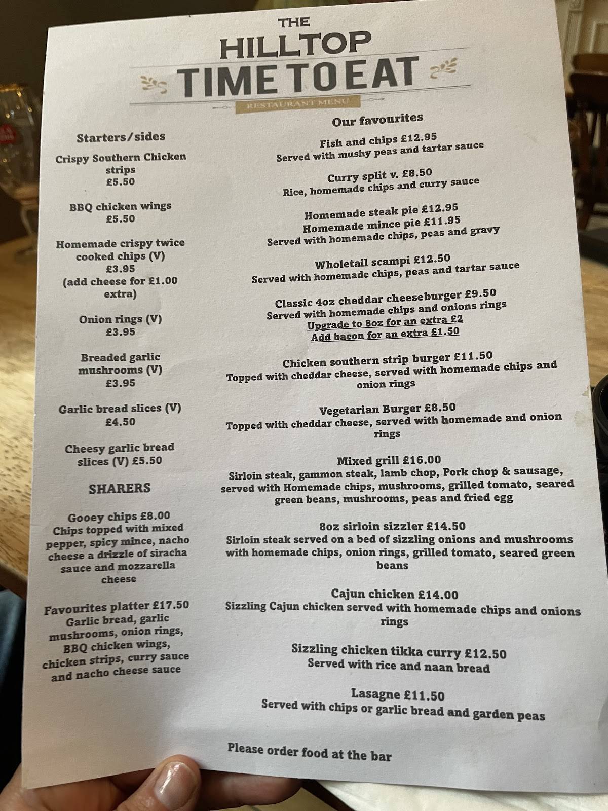 Menu at THE HILLTOP pub & bar, Conisbrough