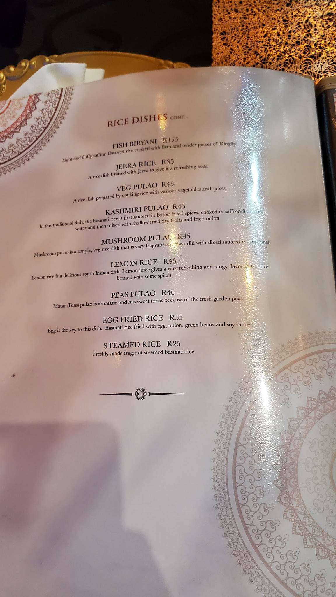 Menu at THE INCREDIBLE INDIA restaurant, Umhlanga