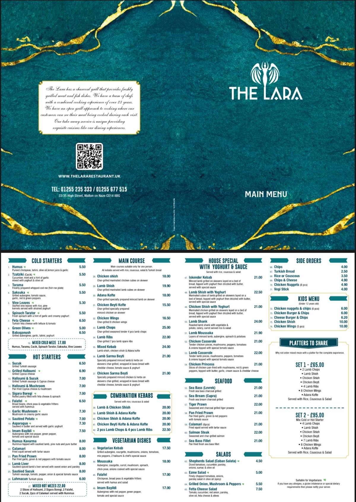 Menu at THE LARA restaurant, Walton on the Naze