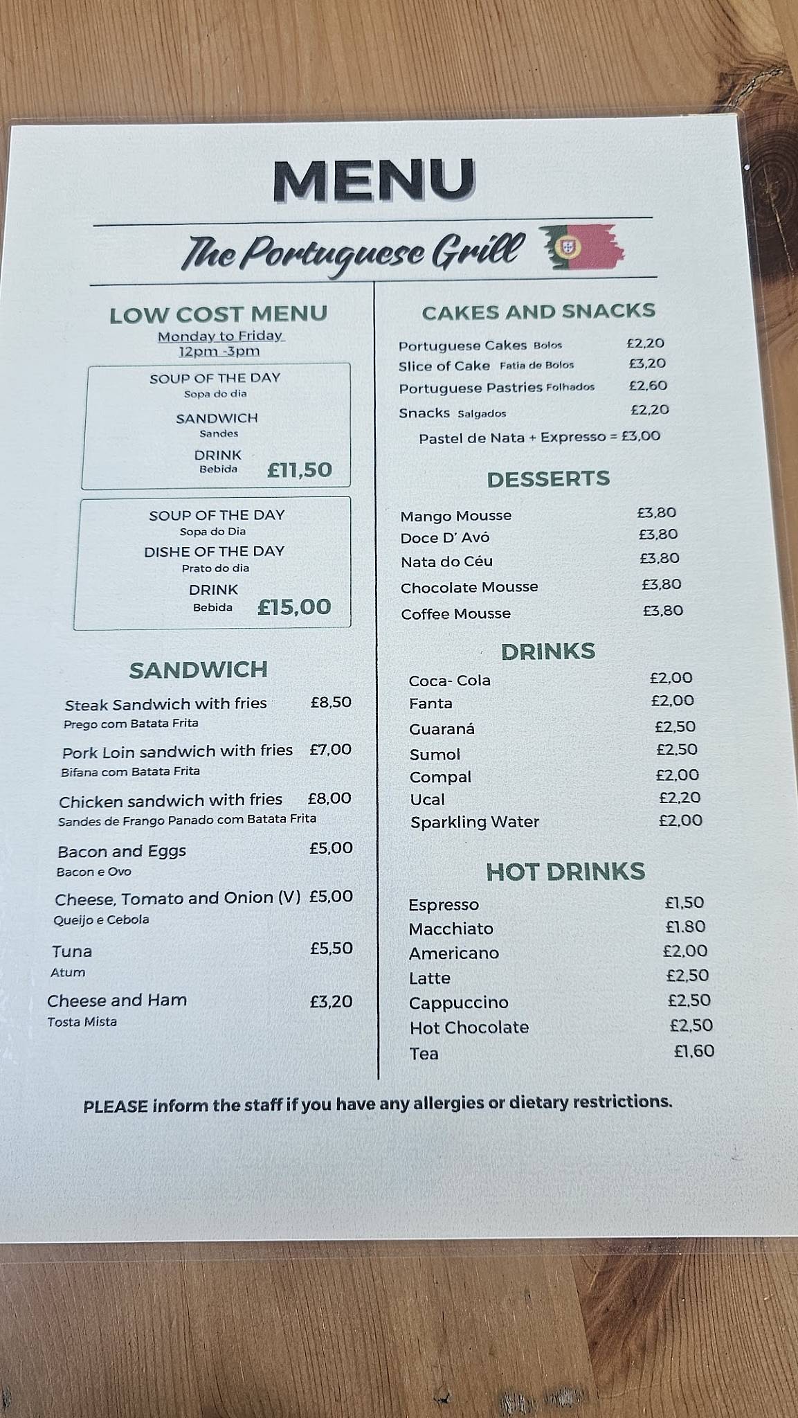 Menu at THE PORTUGUESE GRILL restaurant, Bridgwater
