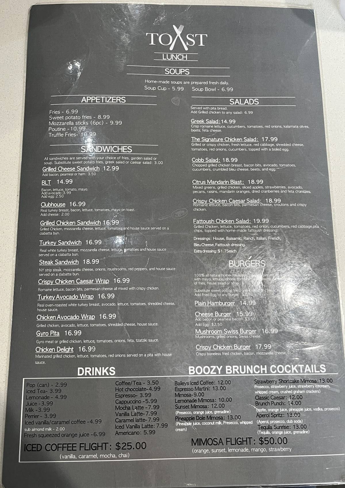 Menu at TOAST restaurant, Windsor