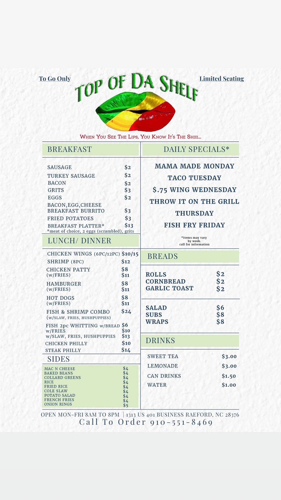 Menu at TOP OF DA SHELF restaurant, Raeford