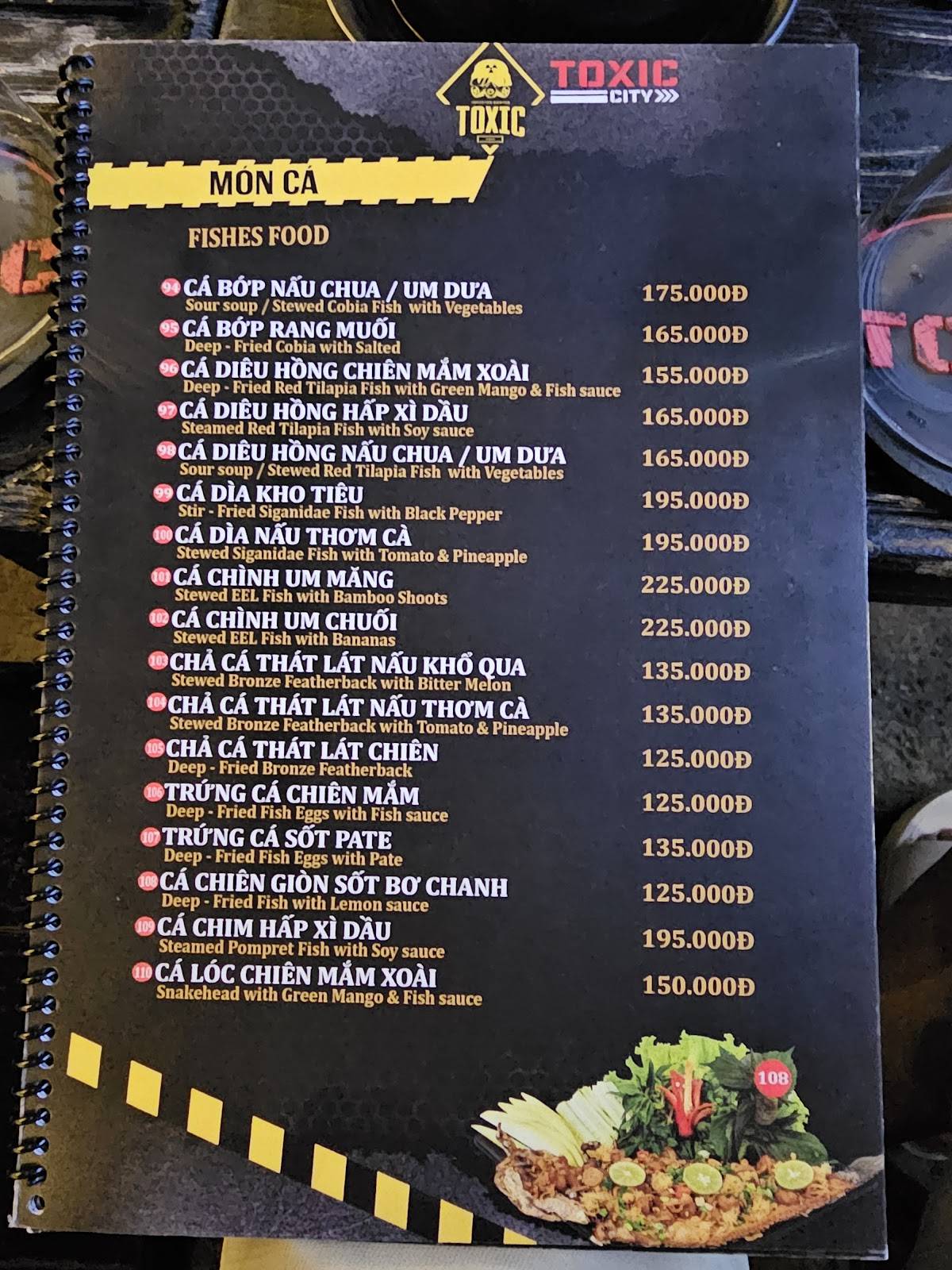 Menu at TOXIC City restaurant, Da Nang