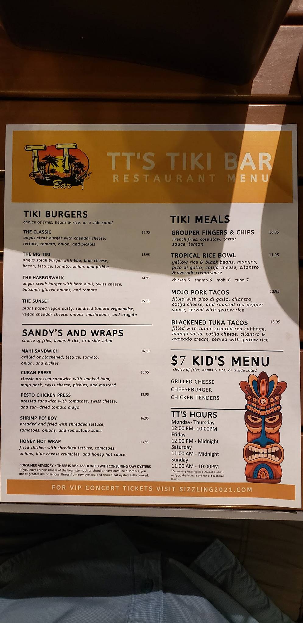 Menu at TT's Tiki Bar, Punta Gorda