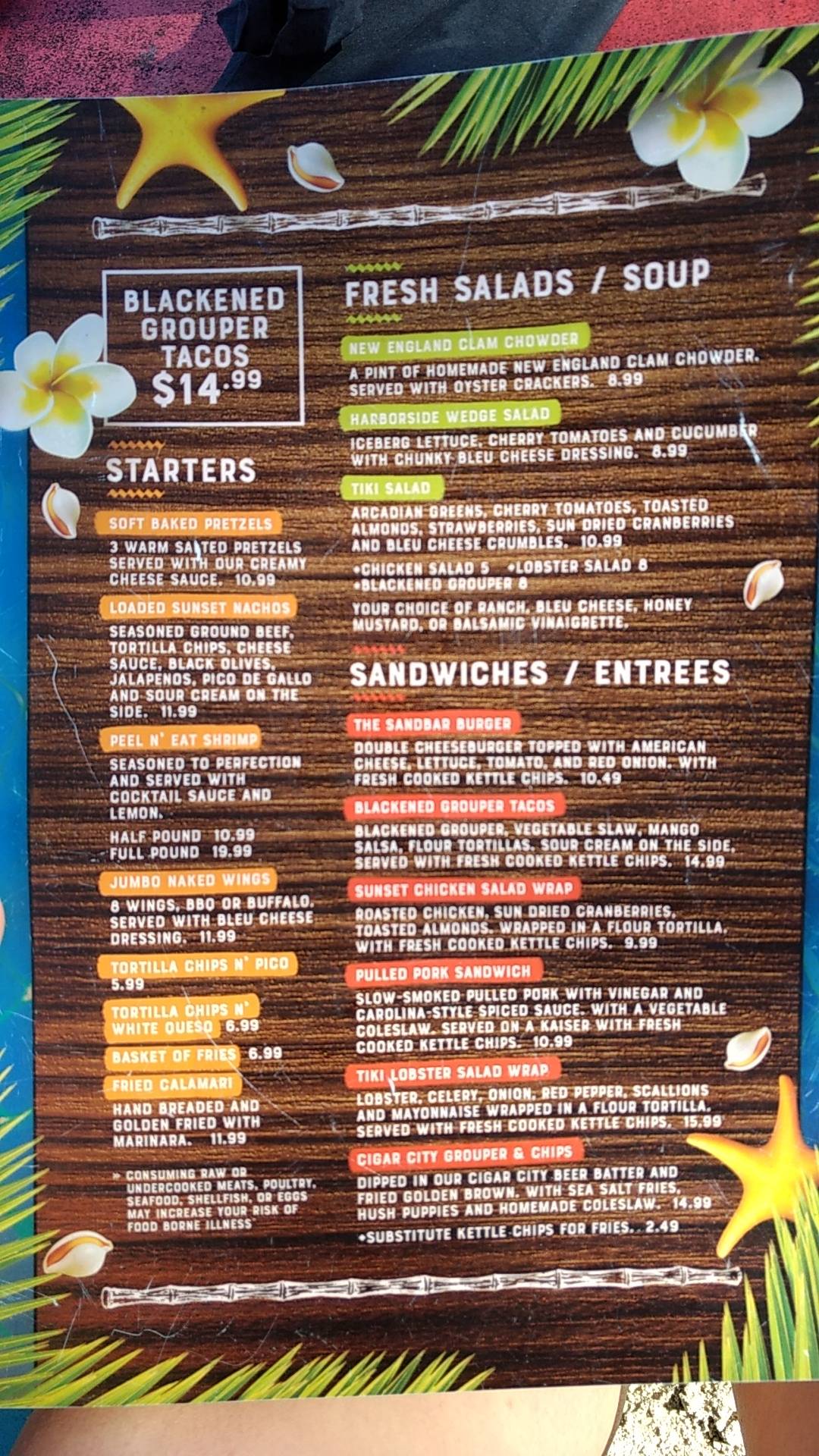 Menu at TT's Tiki Bar, Punta Gorda