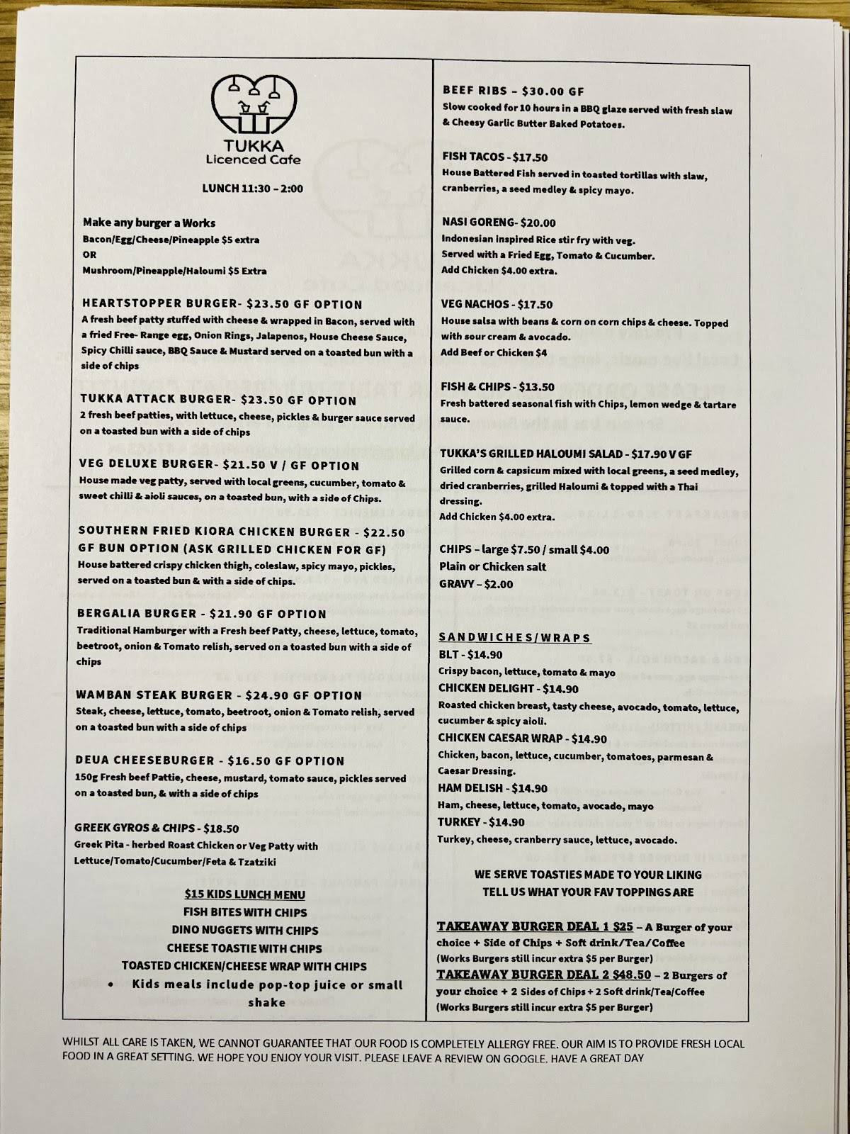 Menu at TUKKA Licenced Cafe, Moruya