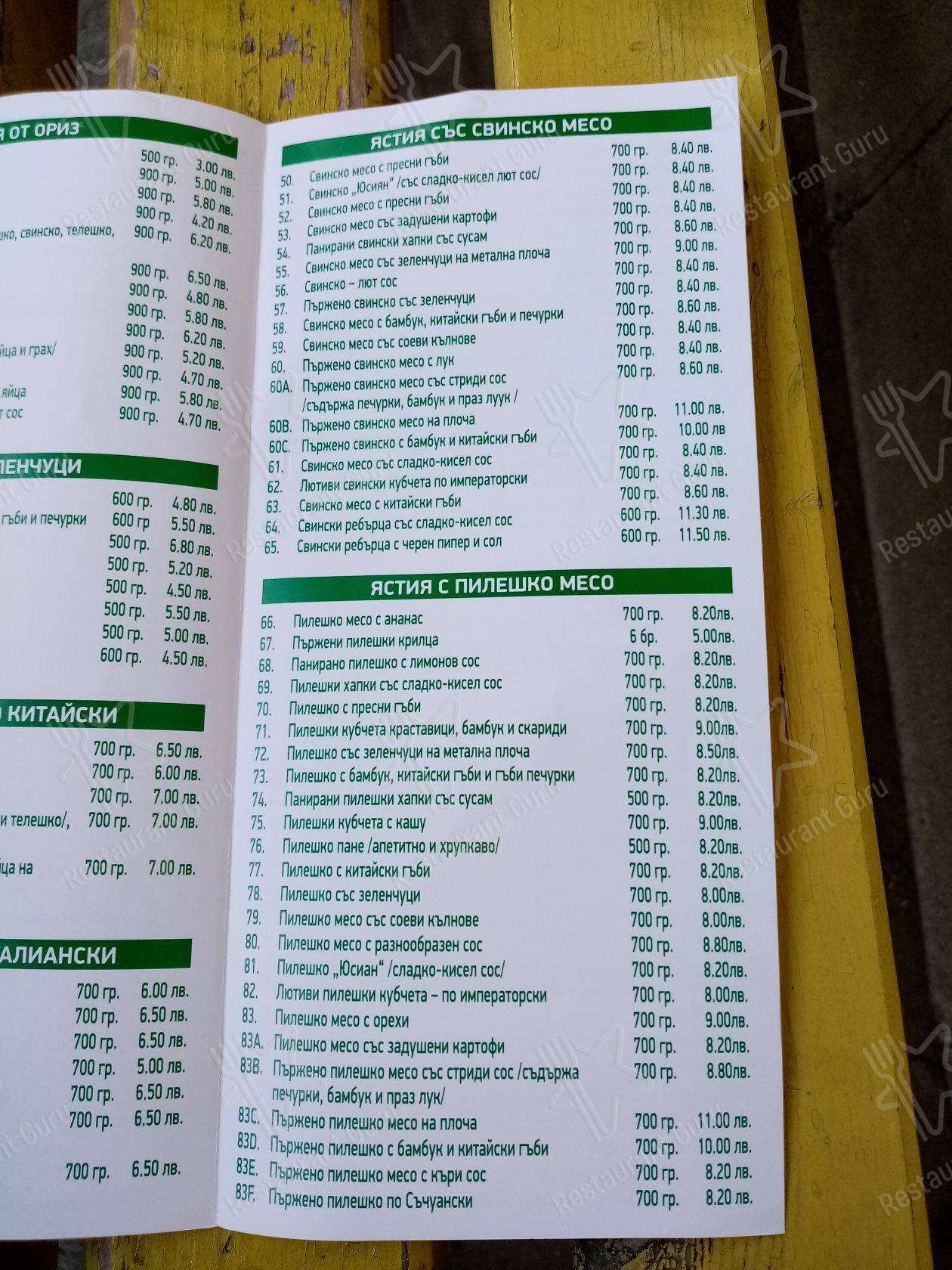 Menu at Ta Fu Hao Restaurant, Sofia