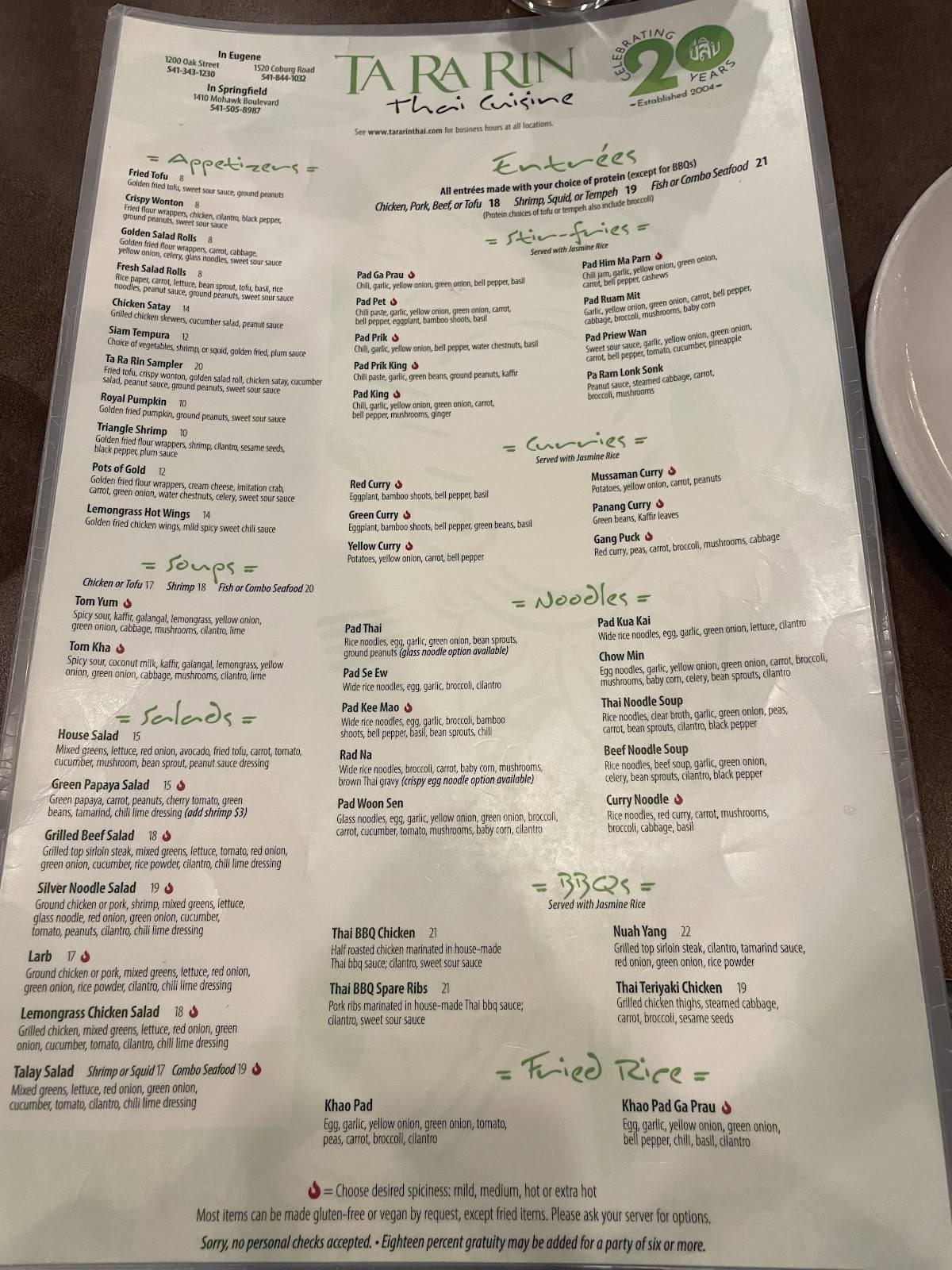 Menu at Ta Ra Rin Thai Cuisine (Eugene) restaurant, Eugene, Oak St