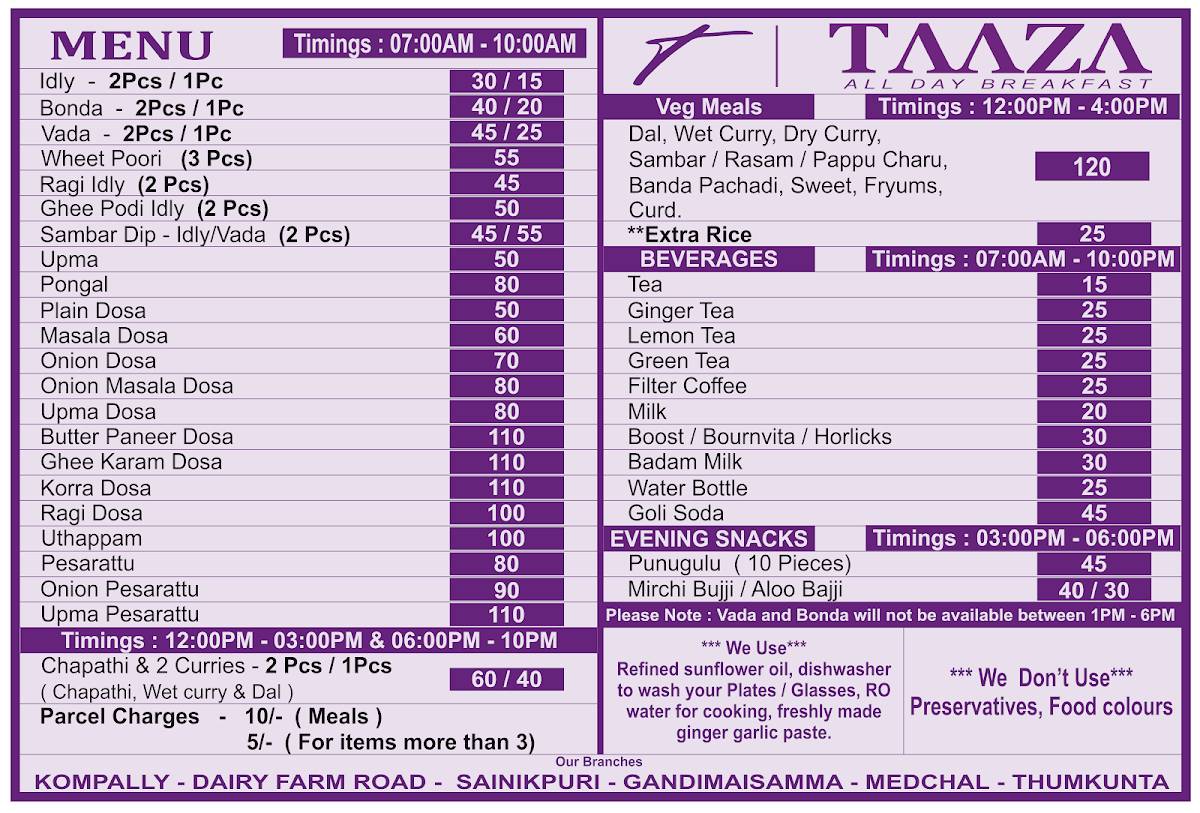 Menu at Taaza - All Day Breakfast, Hyderabad, Ruby Block