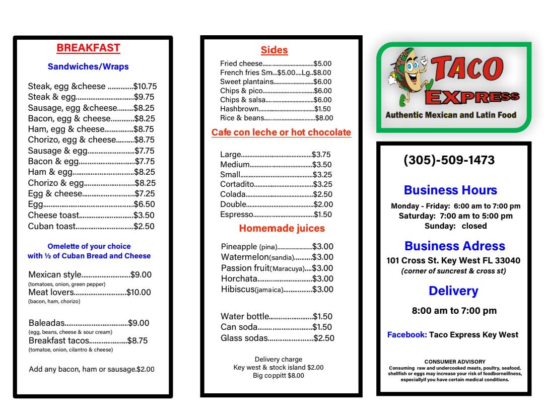 Menu at Taco Express restaurant, Stock Island, Corner of Cross St. And