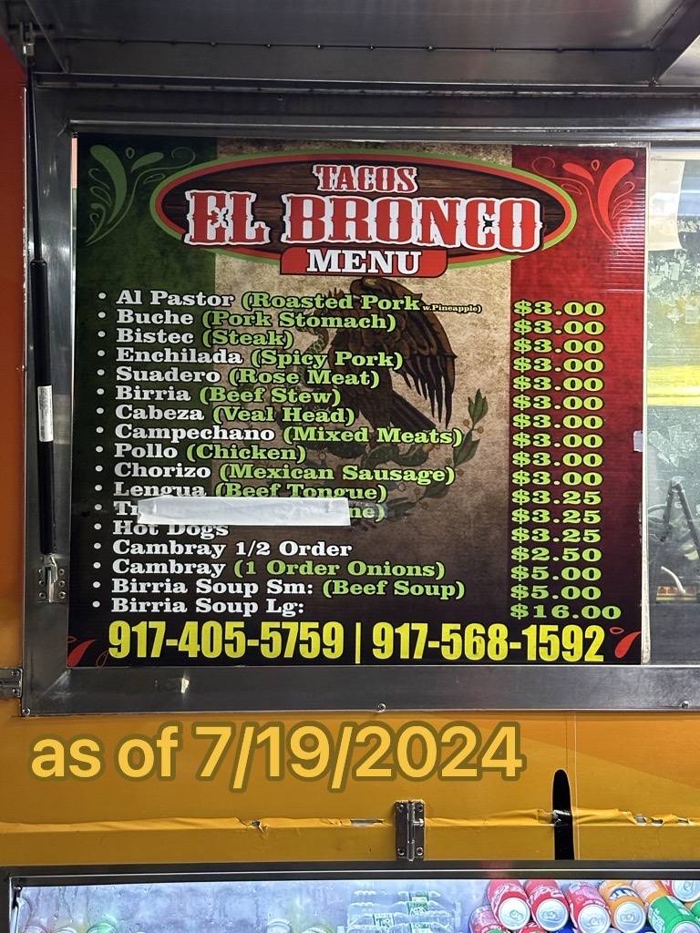 Menu at Tacos El Bronco restaurant, New York City, 860 5th Ave