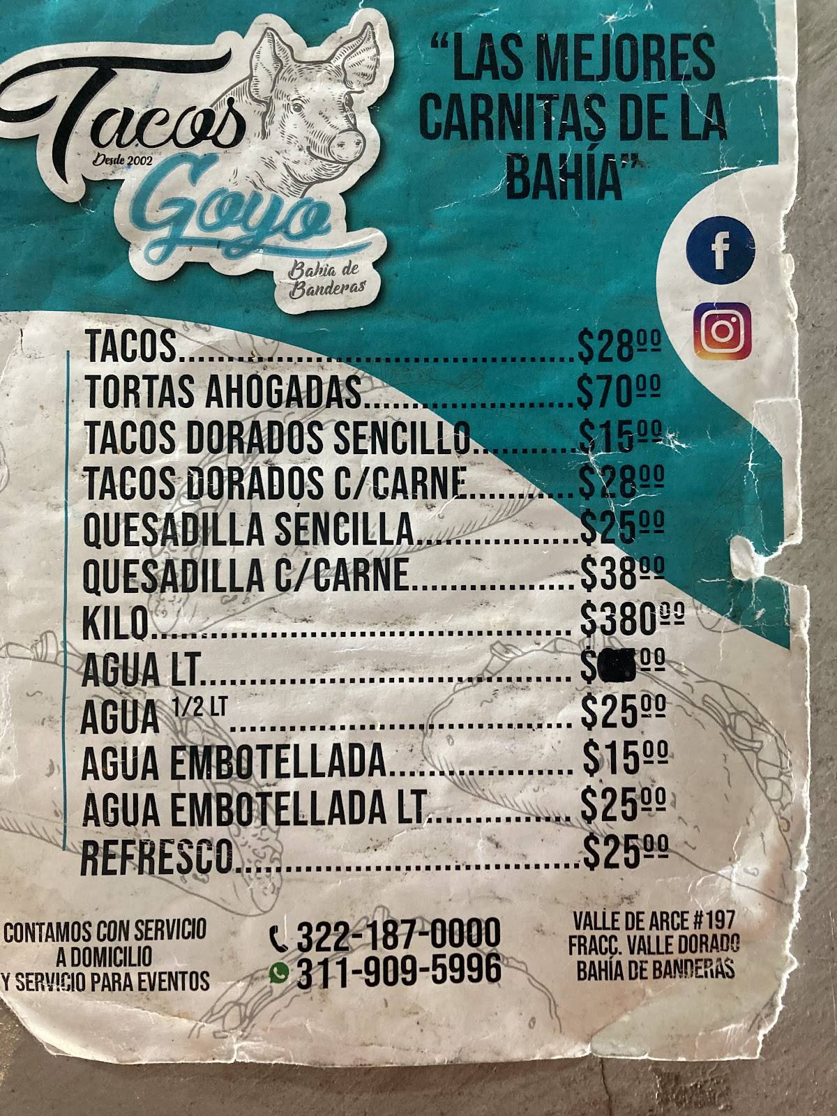Carta del restaurante Tacos Goyo Bahía del Banderas, Mezcales, Valle ...