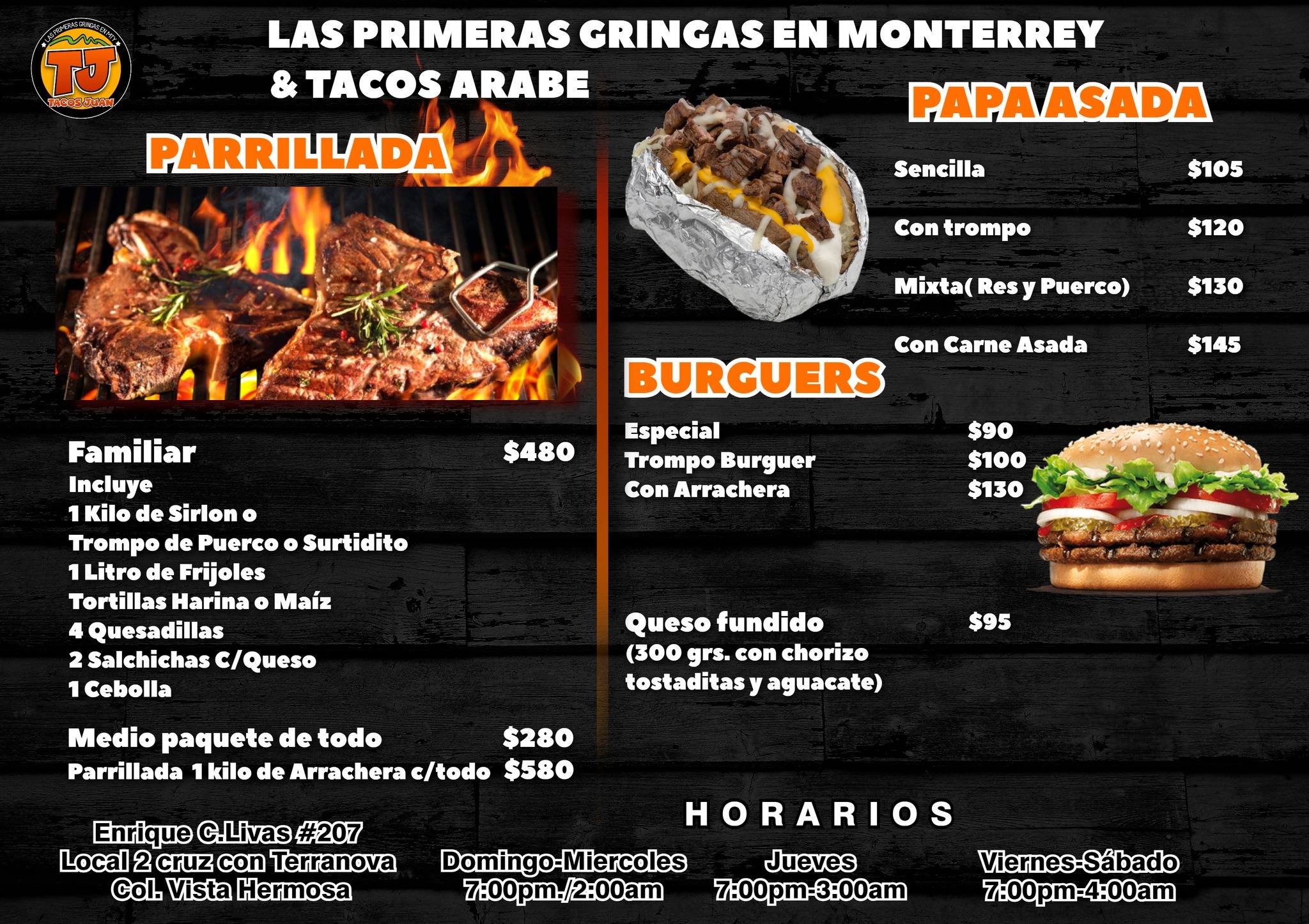 Carta del restaurante Tacos Juan Oficial, Monterrey