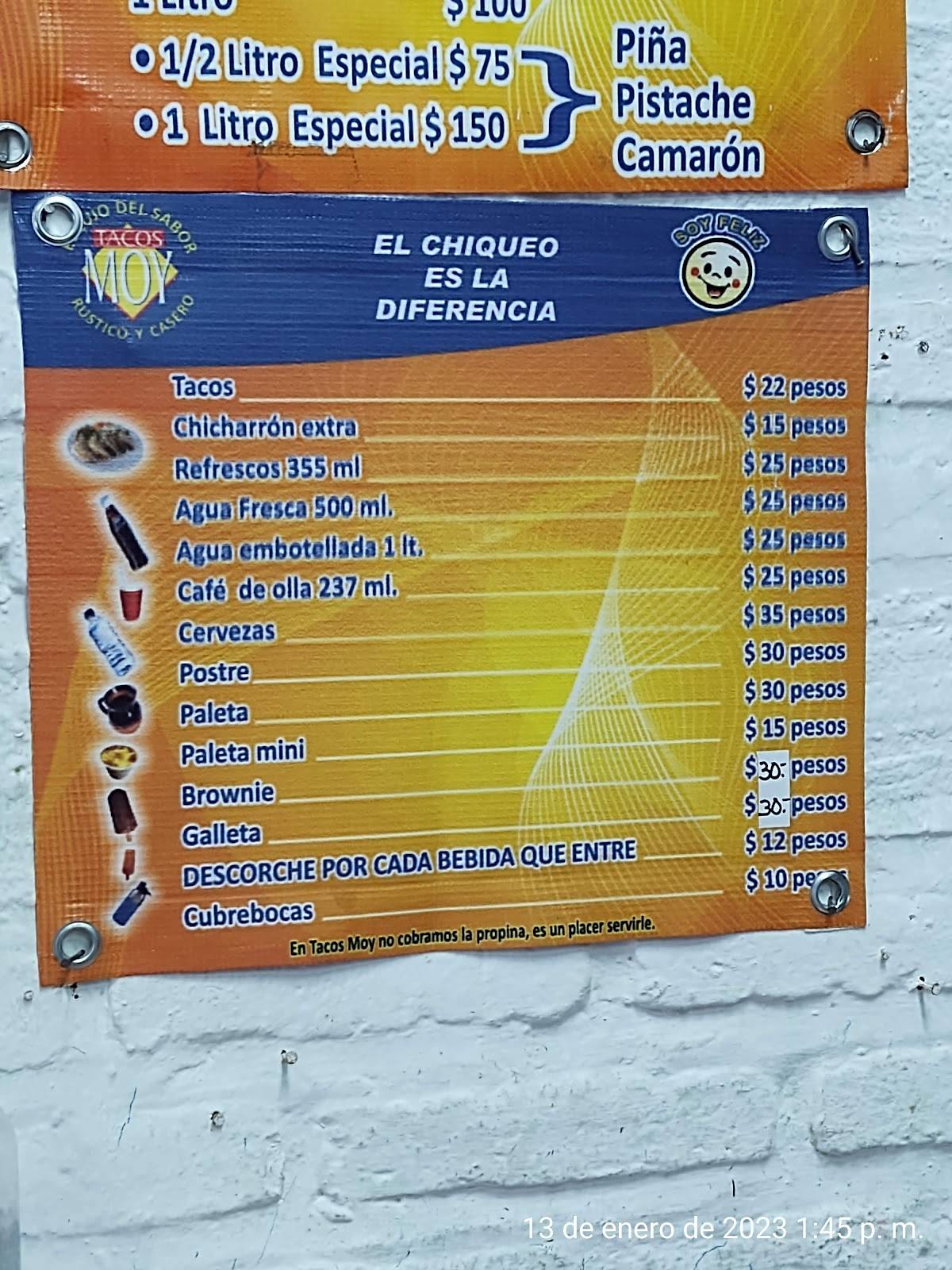 Menu at Tacos Moy restaurant, Guadalajara, Av. de los Arcos 930