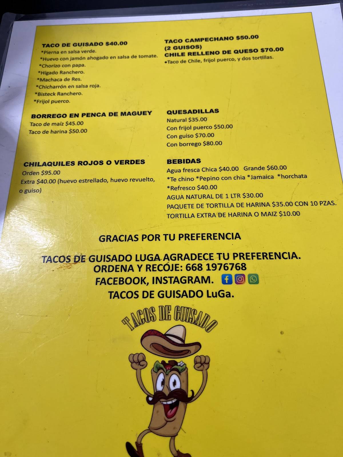 Carta del restaurante Tacos del guisado LuGa, Mexicali