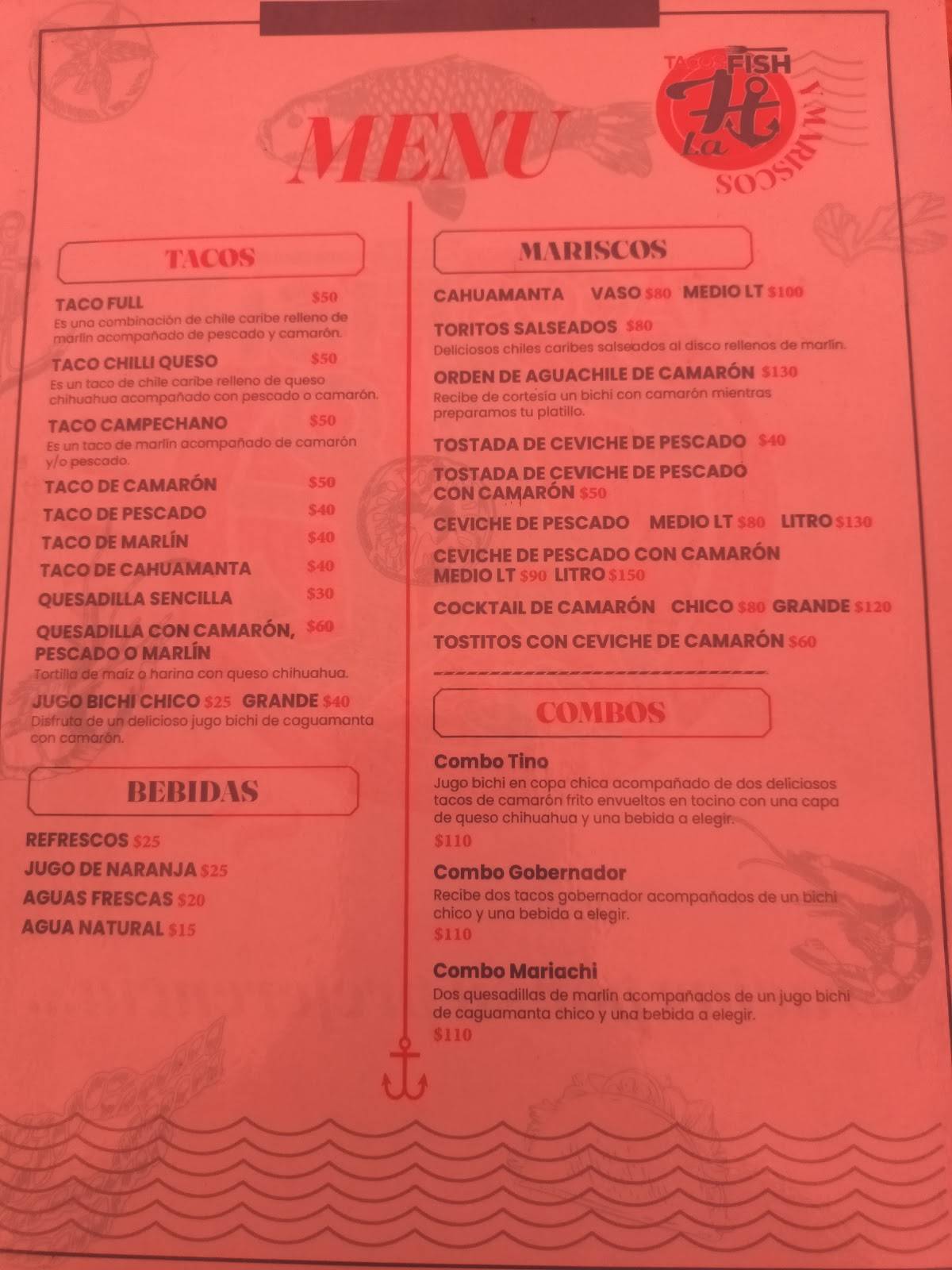 Menu at Tacos fish la H y mariscos. restaurant, Hermosillo