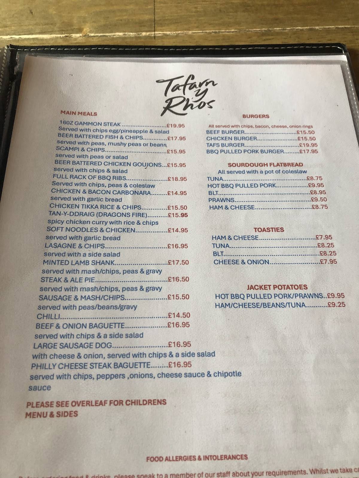 Menu at Tafarn Y Rhos pub & bar, Llangefni