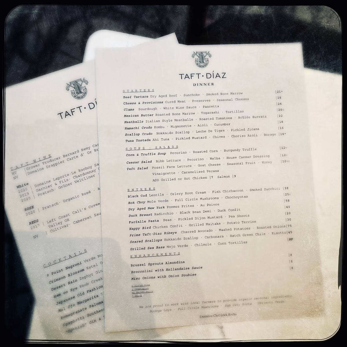 Menu at Taft-Diaz restaurant, El Paso