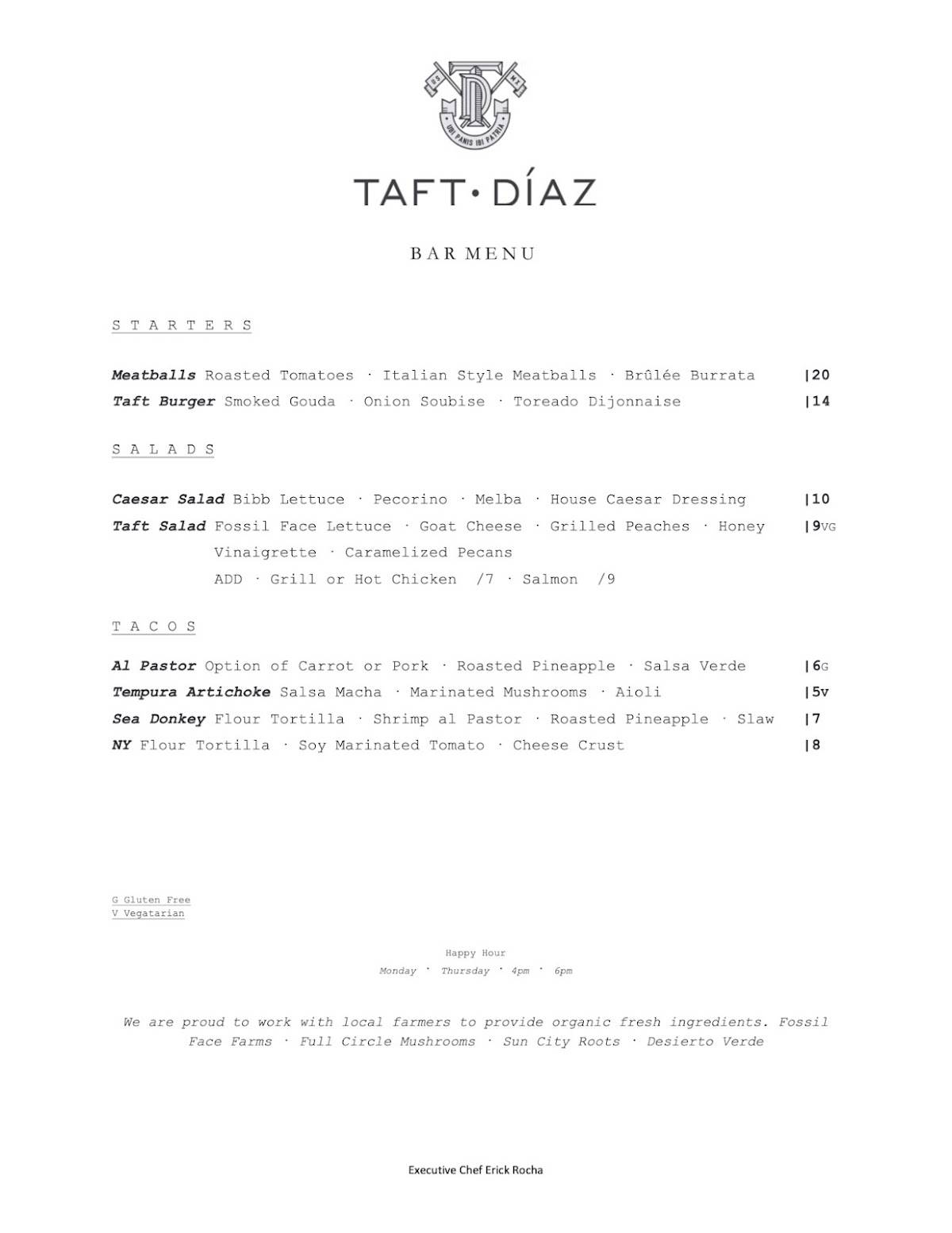 Menu at Taft-Diaz restaurant, El Paso