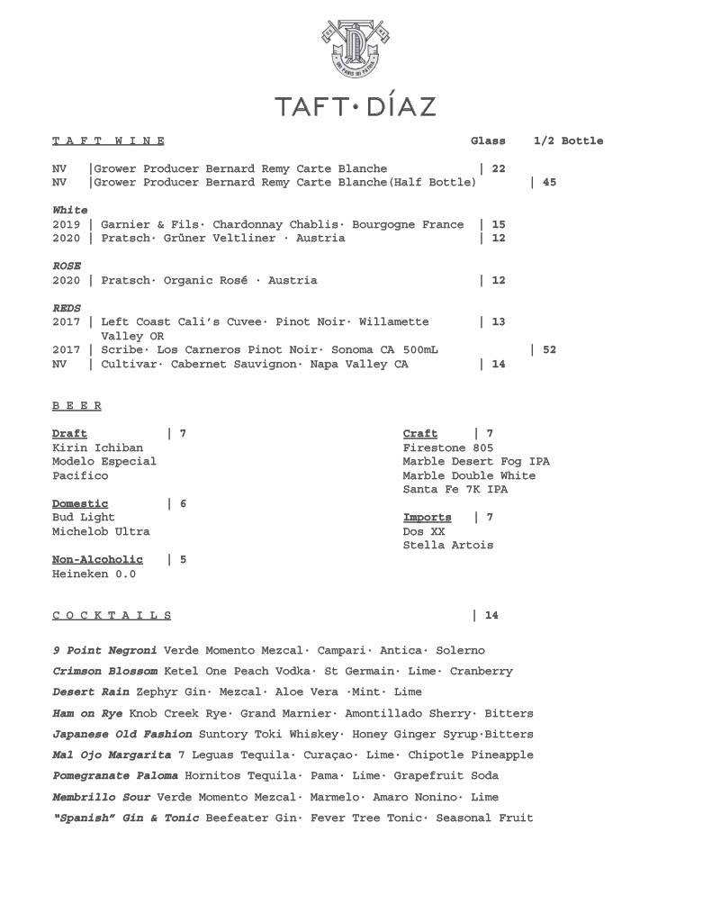 Menu at Taft-Diaz restaurant, El Paso