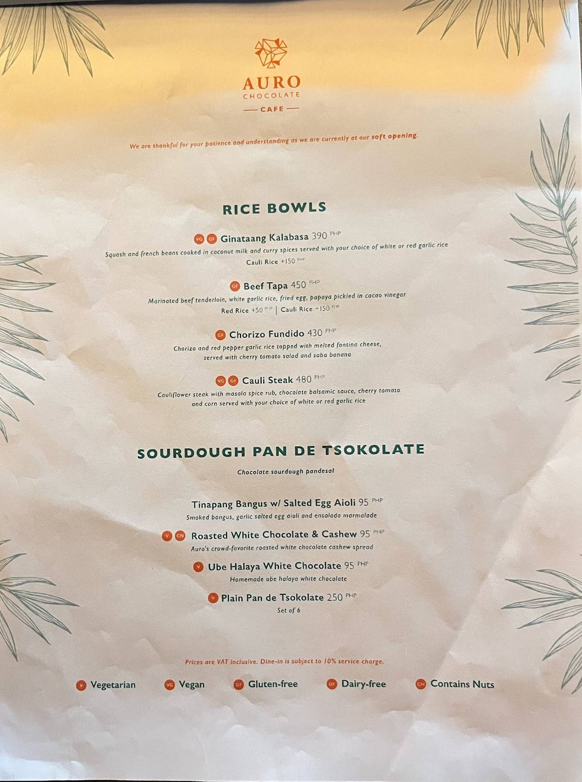 Menu at Auro Chocolate Cafe - BGC Flagship, Taguig