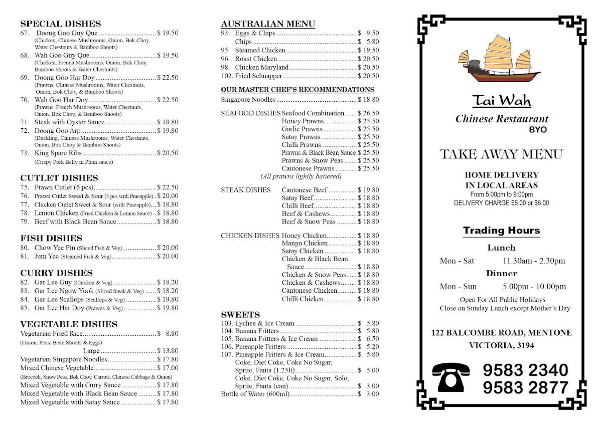 Menu at Tai Wah Chinese Restaurant, Mentone