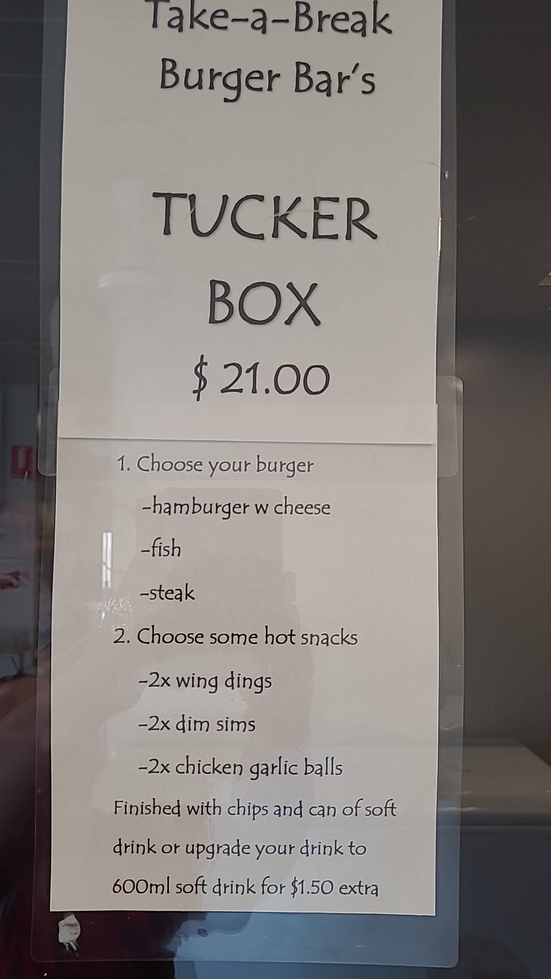 Menu at Take-A-Break Burger Bar, Kirwan