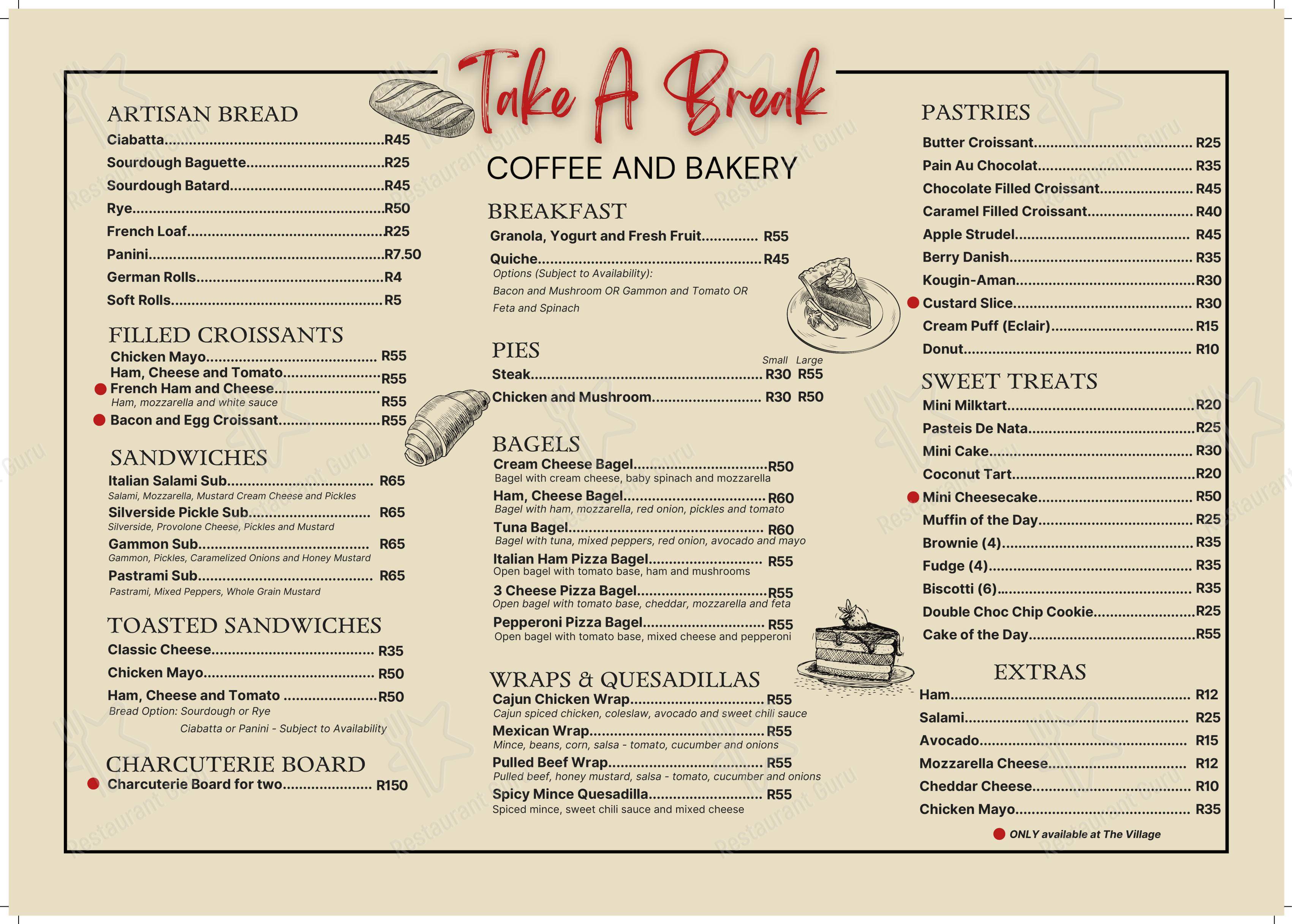 Menu at Take A Break Three Rivers, Vereeniging