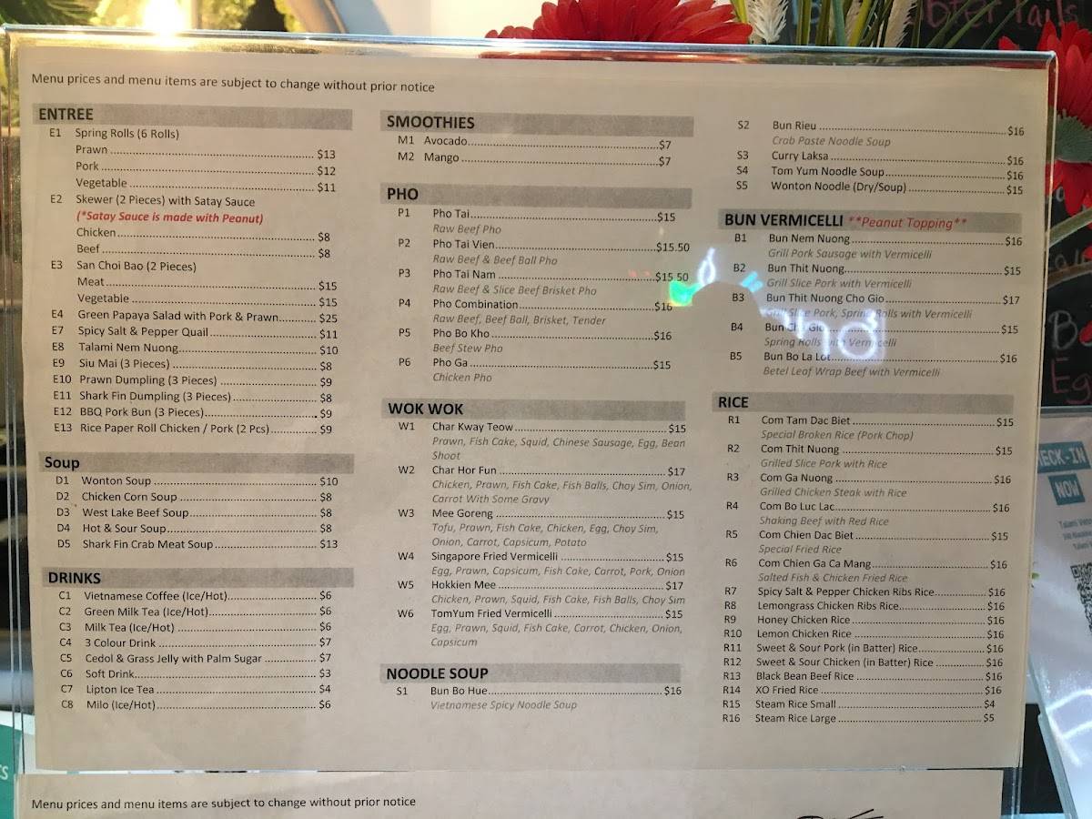 Menu at Talami restaurant, Mount Waverley