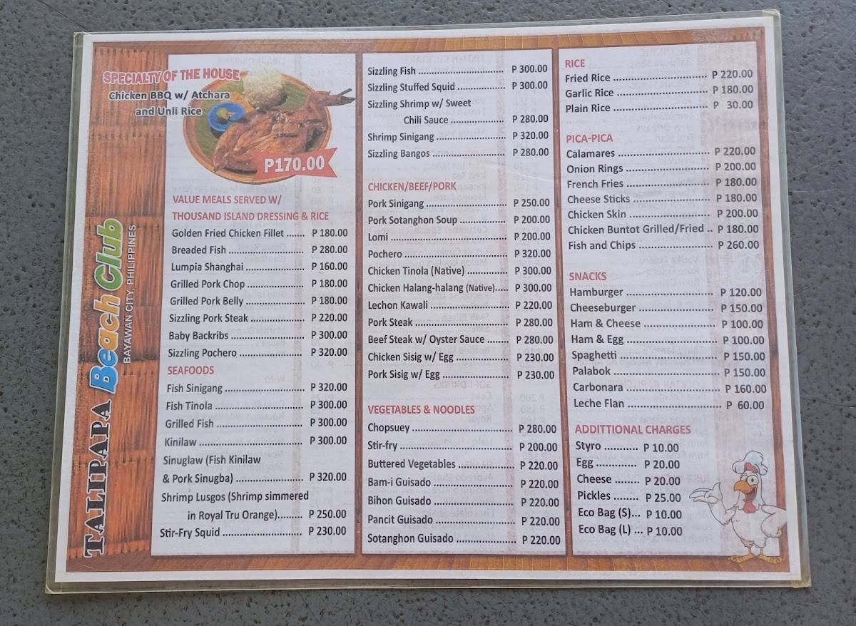 Carta de Talipapa Beach Club Restaurant, Bayawan