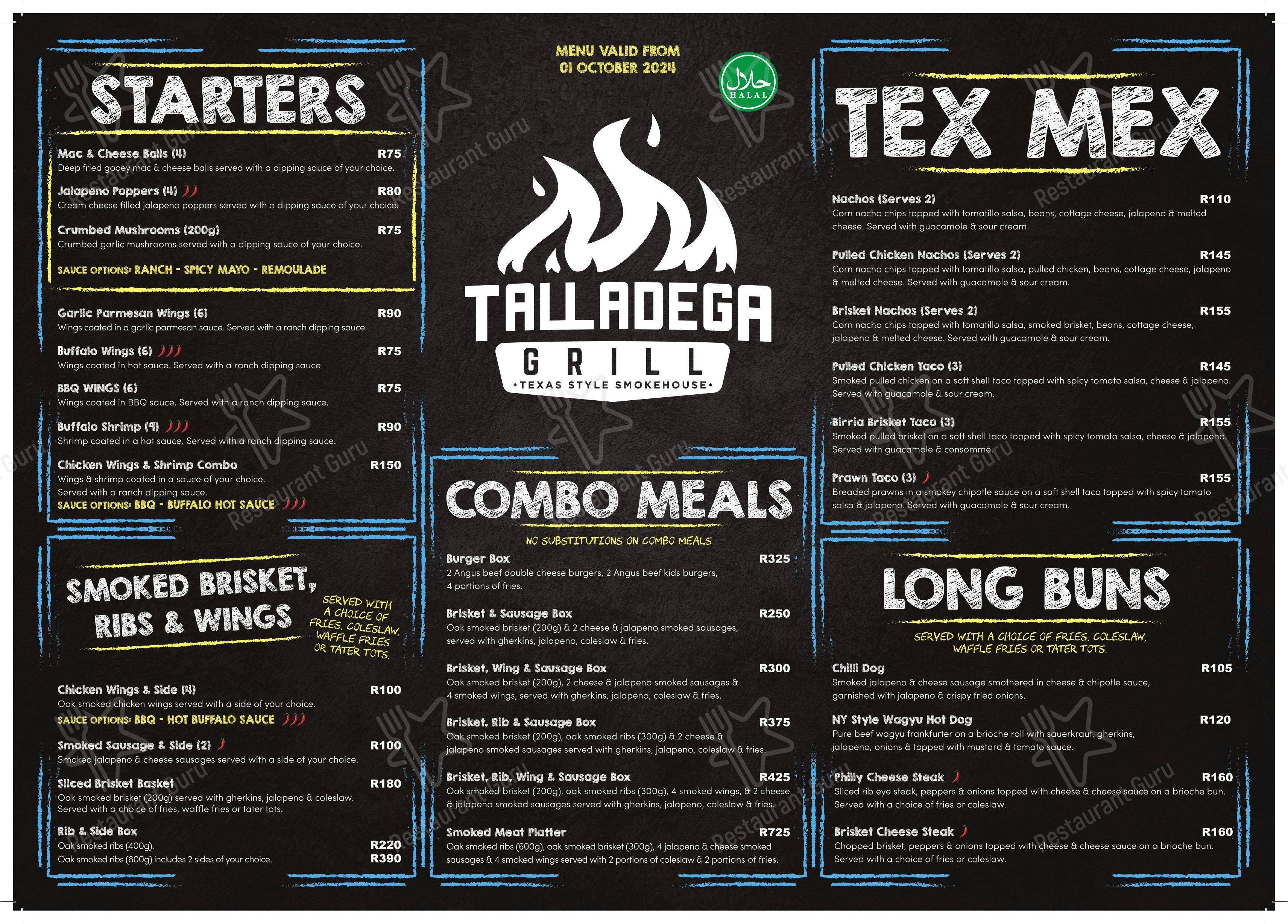 Carta del restaurante Talladega Grill, Ciudad del Cabo