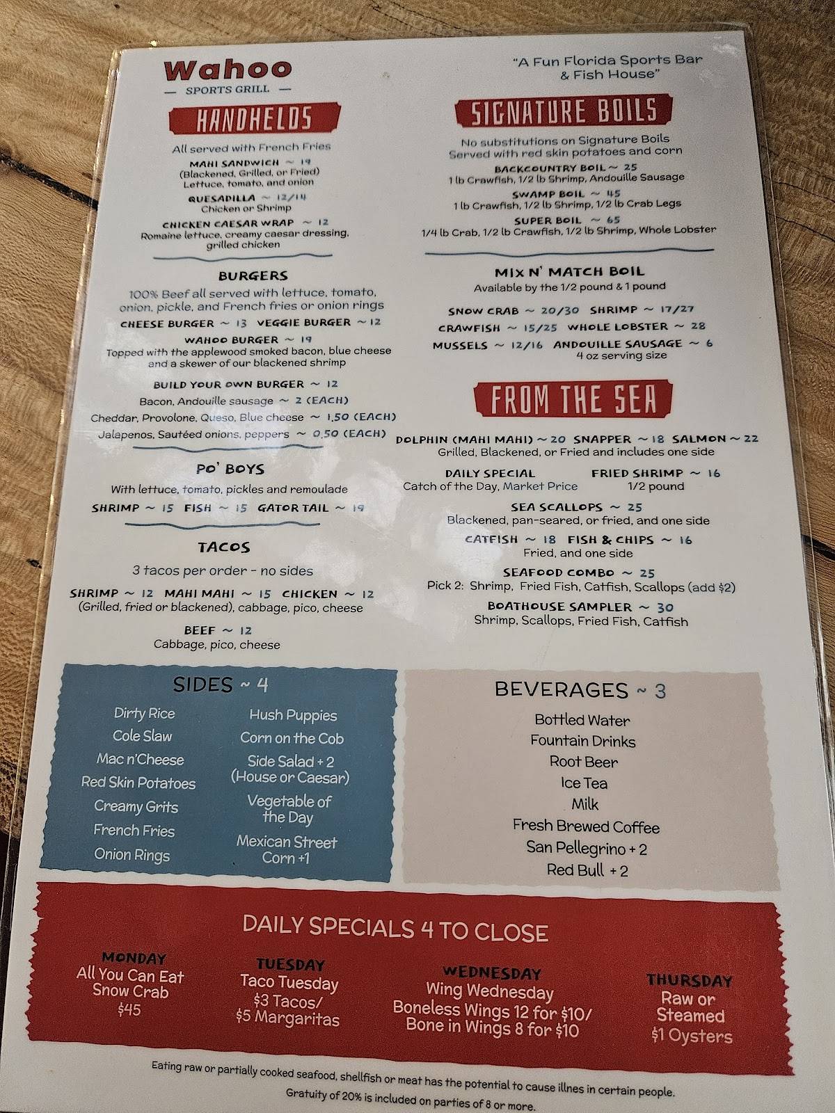Menu at Wahoo Sports Grill restaurant, Tallahassee
