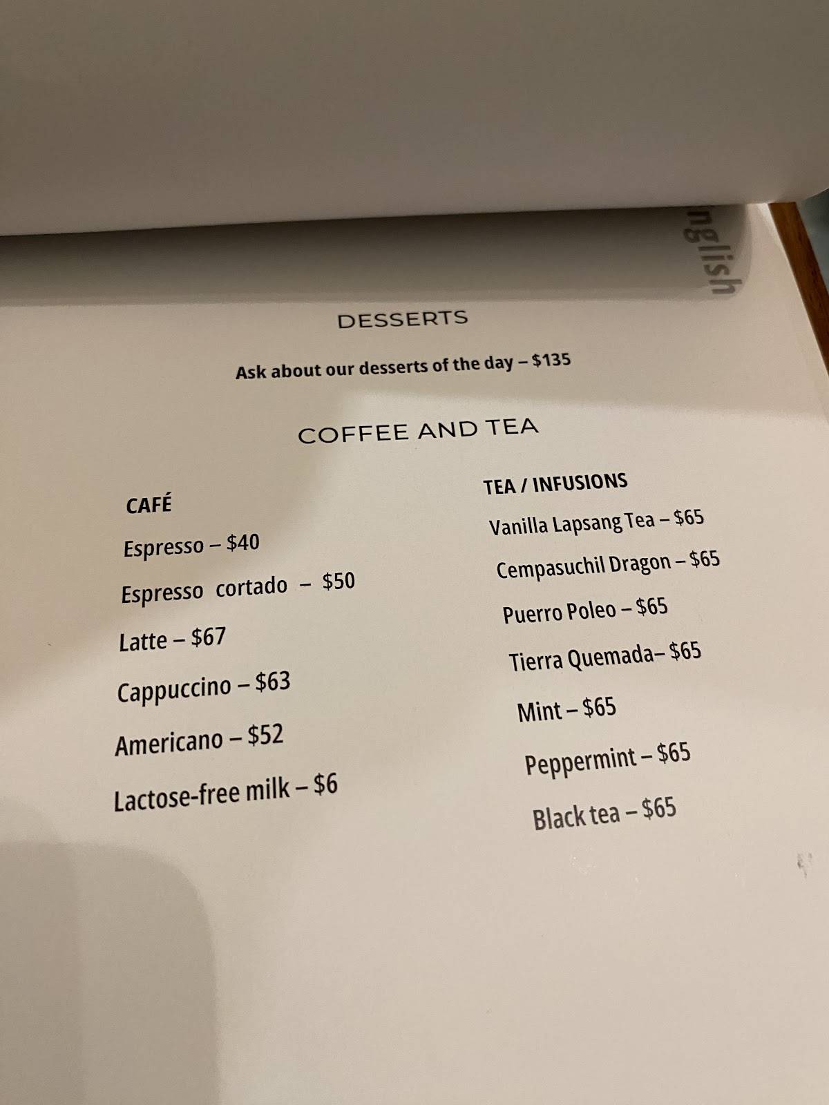 Carta del restaurante Taller Xilotl, Ciudad del México, Biarritz 2